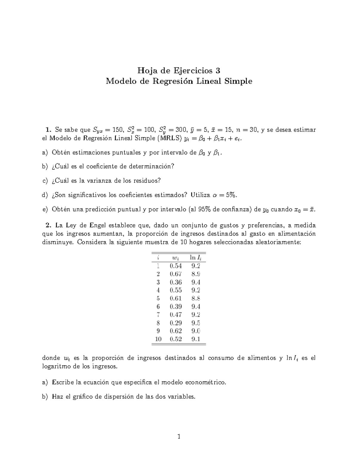 Hoja de Ejercicios 3 Nati con respuestas - Hoja de Ejercicios 3 Modelo de Regresi ́on Lineal ...