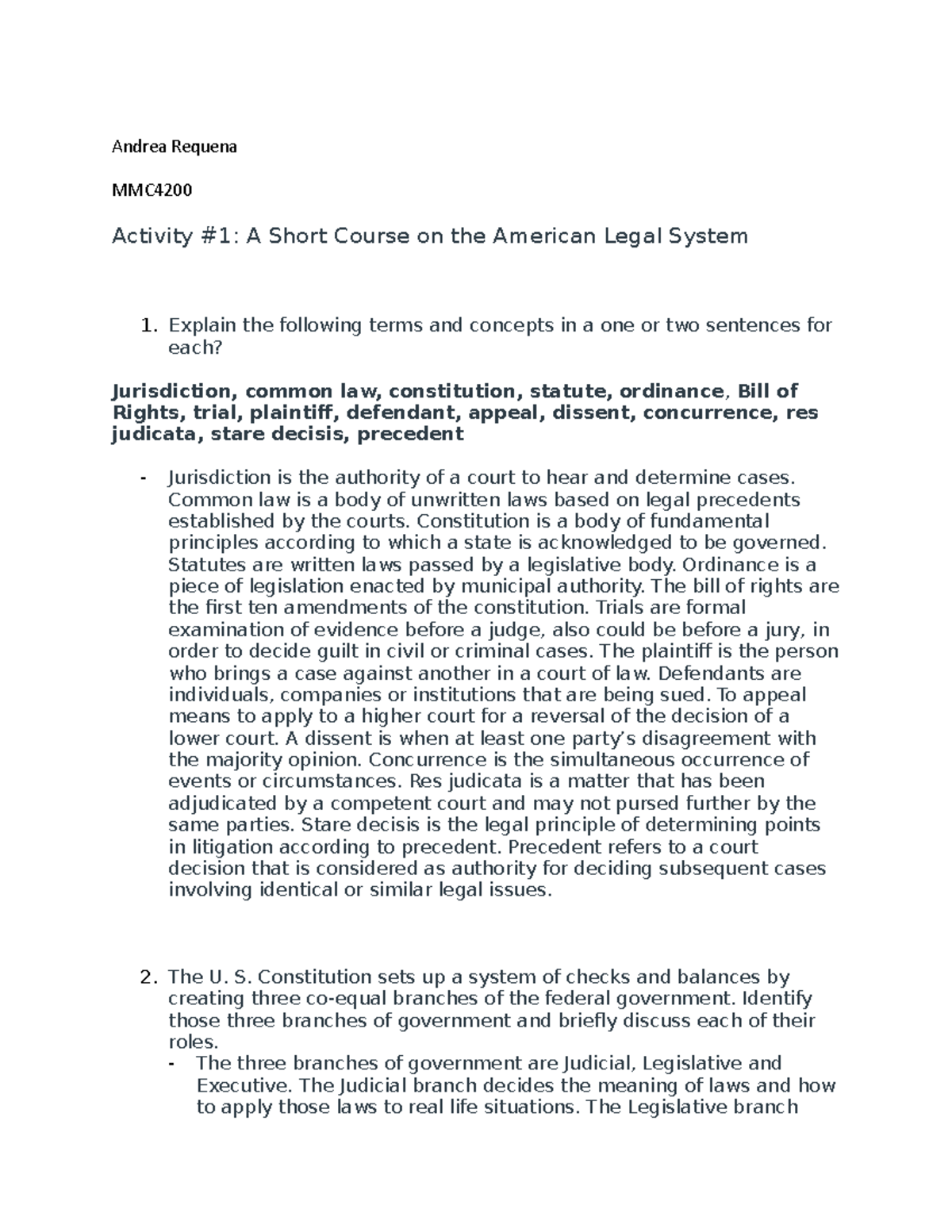 Activity #1- A Short Course on the American Legal System - Andrea Requena MMC Activity #1: A ...