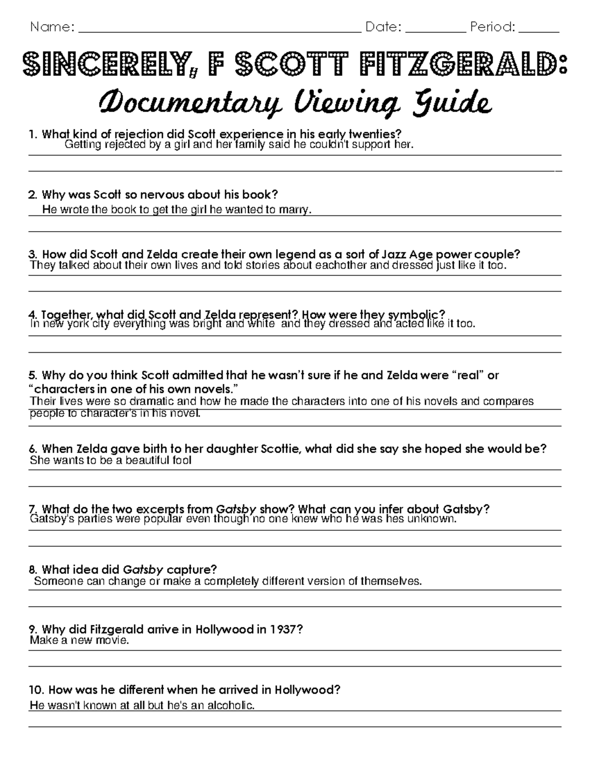 F Scott Fitzgerald WS - Name ...