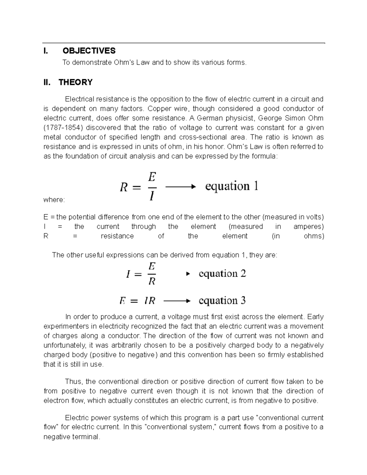 Experiment Number 2 - I. OBJECTIVES To demonstrate Ohm’s Law and to show its various forms. II ...