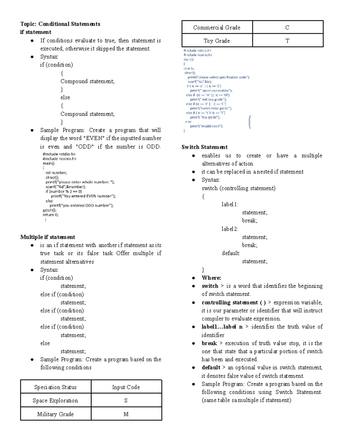 Com Prog Midterm Reviewer Topic Conditional Statements If Statement If Conditions Evaluate To