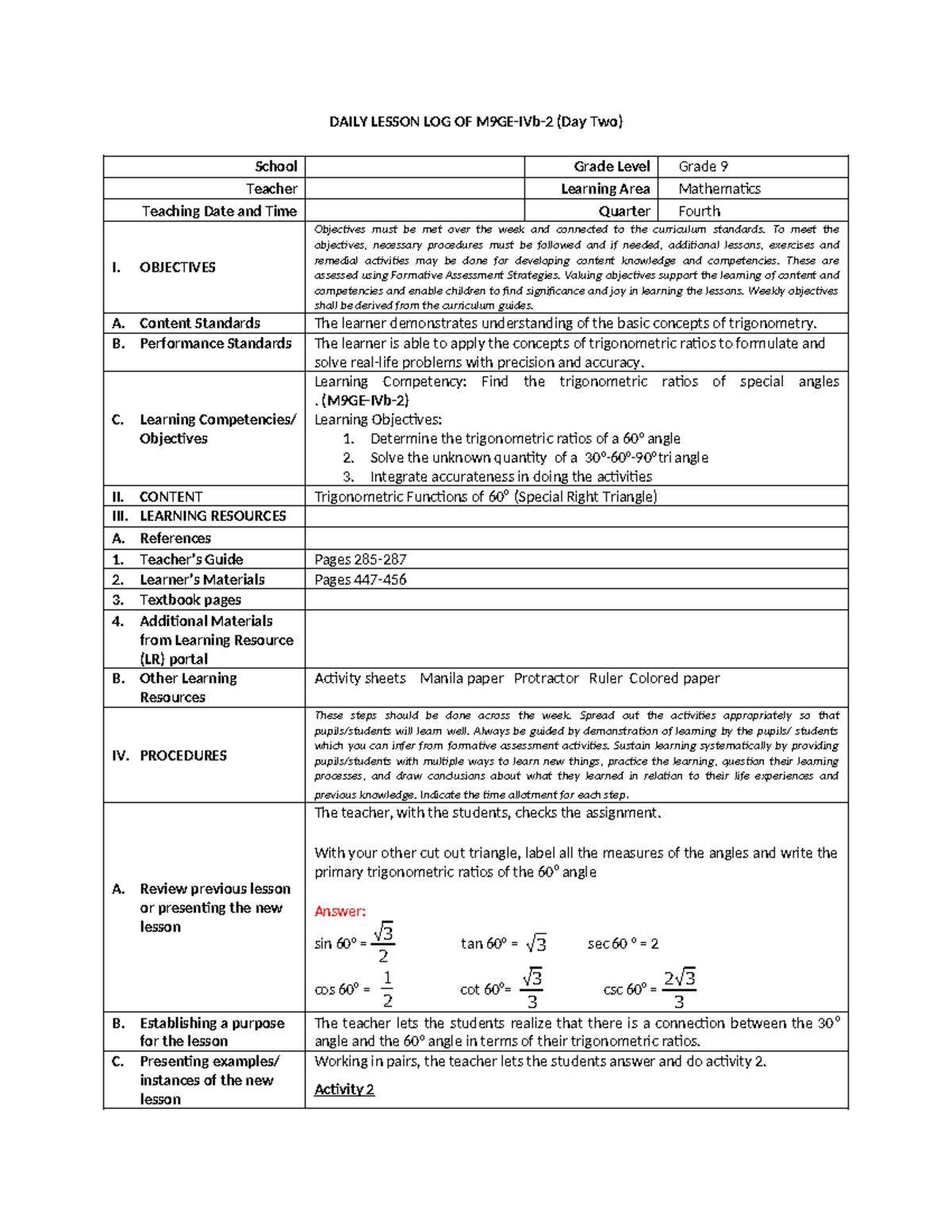 MATH G9 IV-Day 6 - Math 9- 2023-2024 - DAILY LESSON LOG OF M9GE-IVb-2 ...