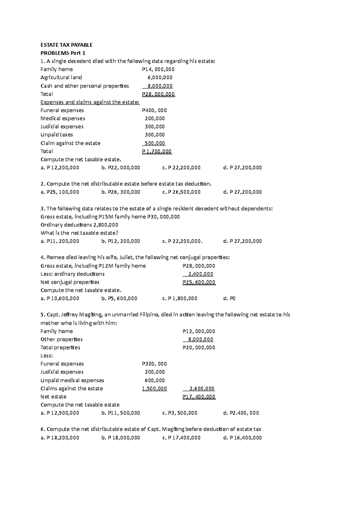 Taxation Problems - ESTATE TAX PAYABLE PROBLEMS Part 1 A single ...