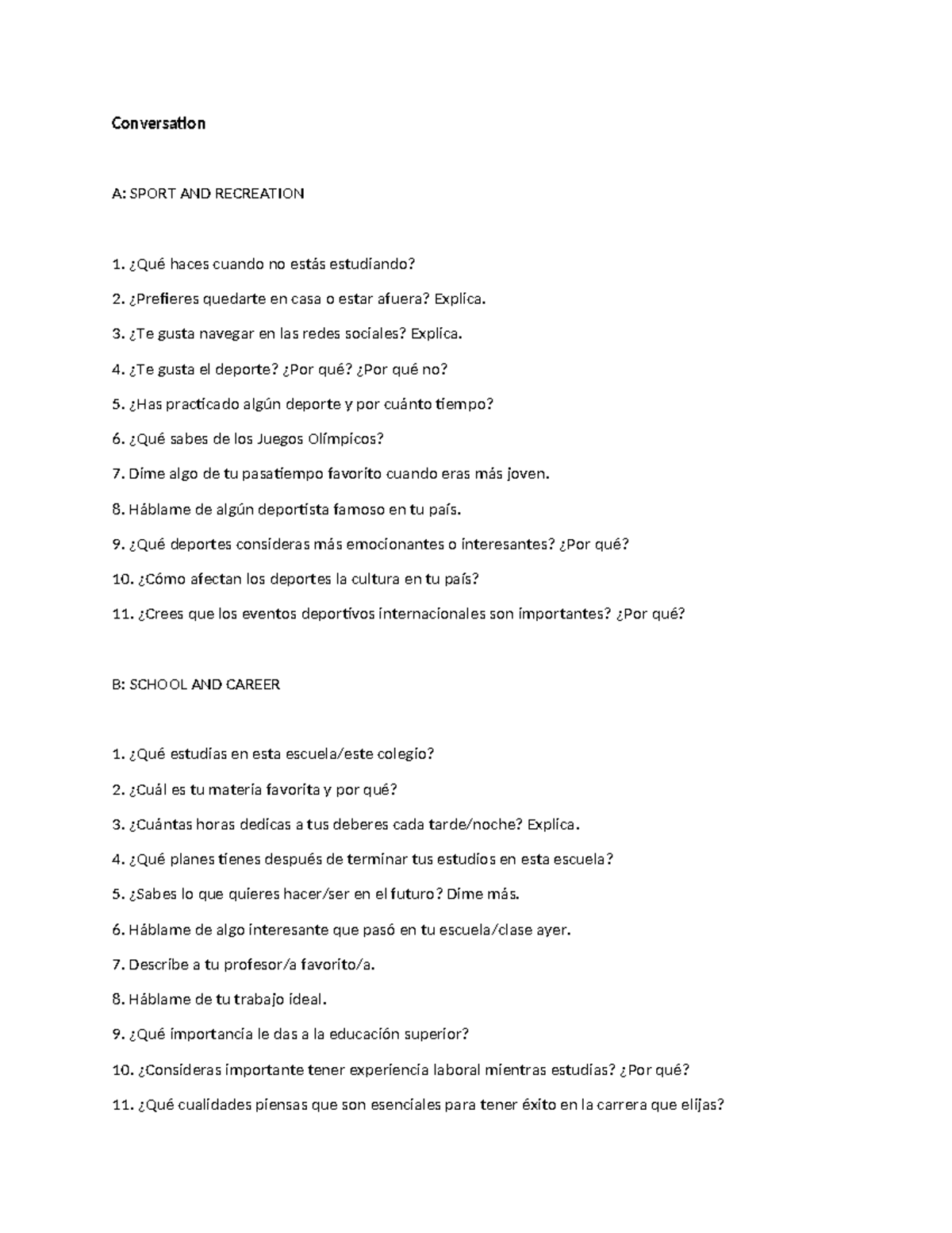 Conversation 1 - Bzjsbz - Conversation A: SPORT AND RECREATION ¿Qué ...