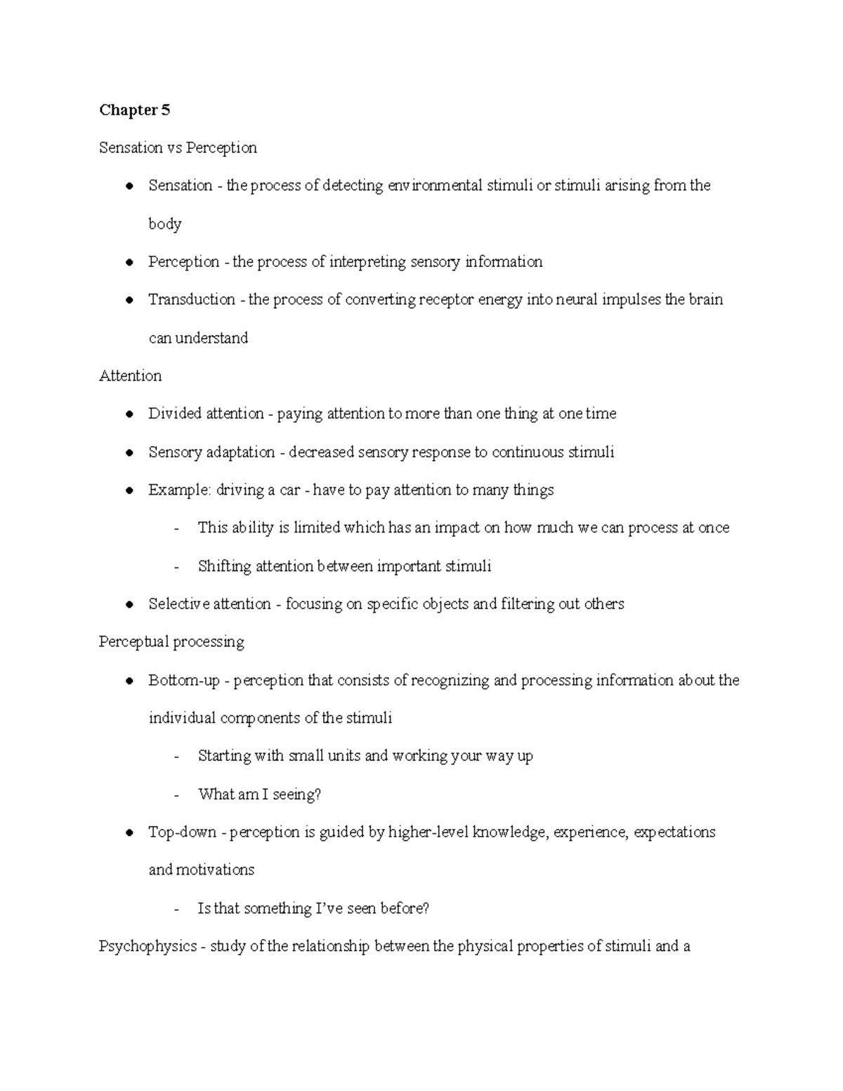 Psychology 101 Chapter 5 Lecture Notes - Chapter 5 Sensation vs ...