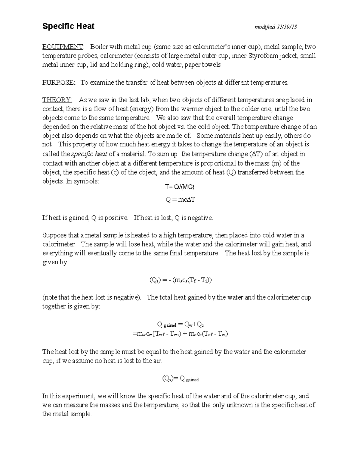 Lab 12 Specific Heat(2) - EQUIPMENT: Boiler with metal cup (same size ...