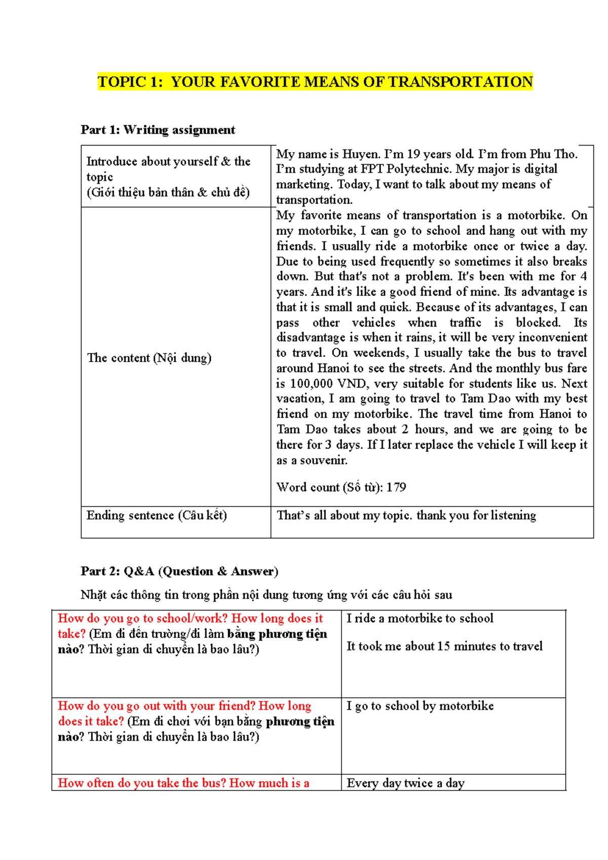 Topic 1 - Bài tập - TOPIC 1: YOUR FAVORITE MEANS OF TRANSPORTATION Part ...