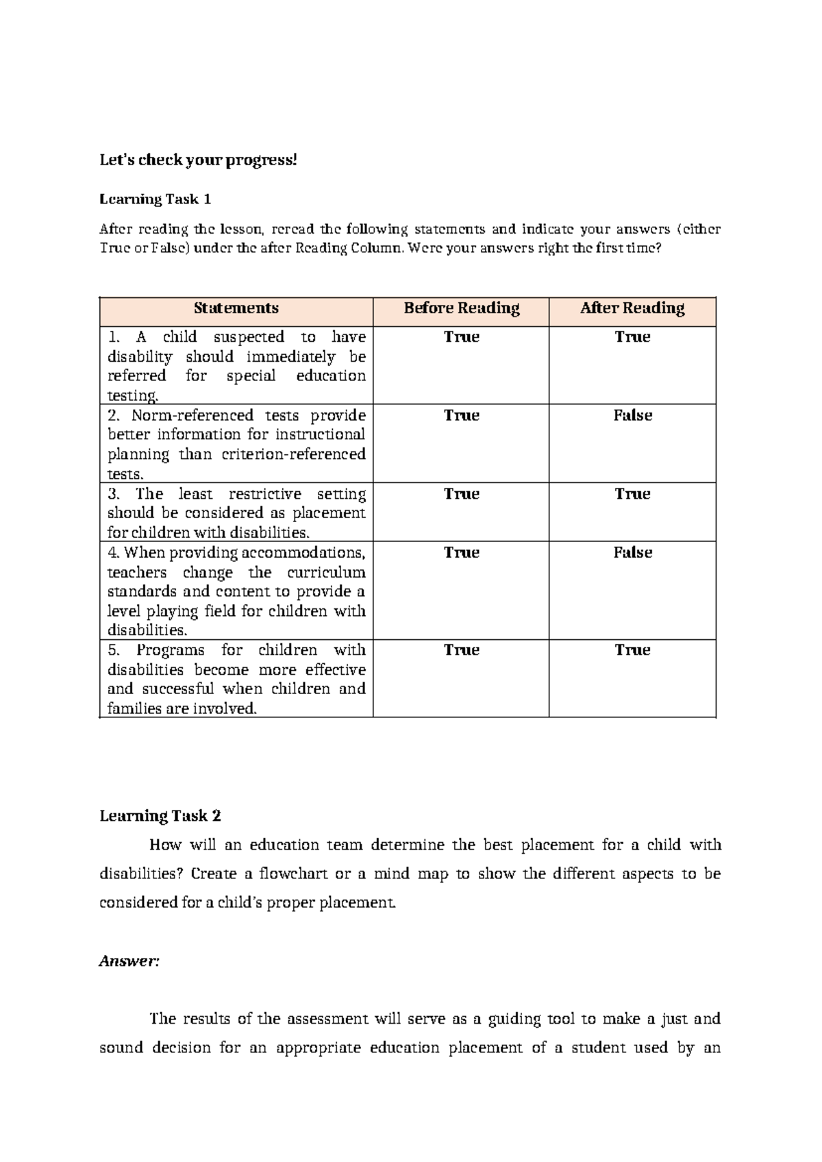 Answer Lesson-4 - Let’s check your progress! Learning Task 1 After ...