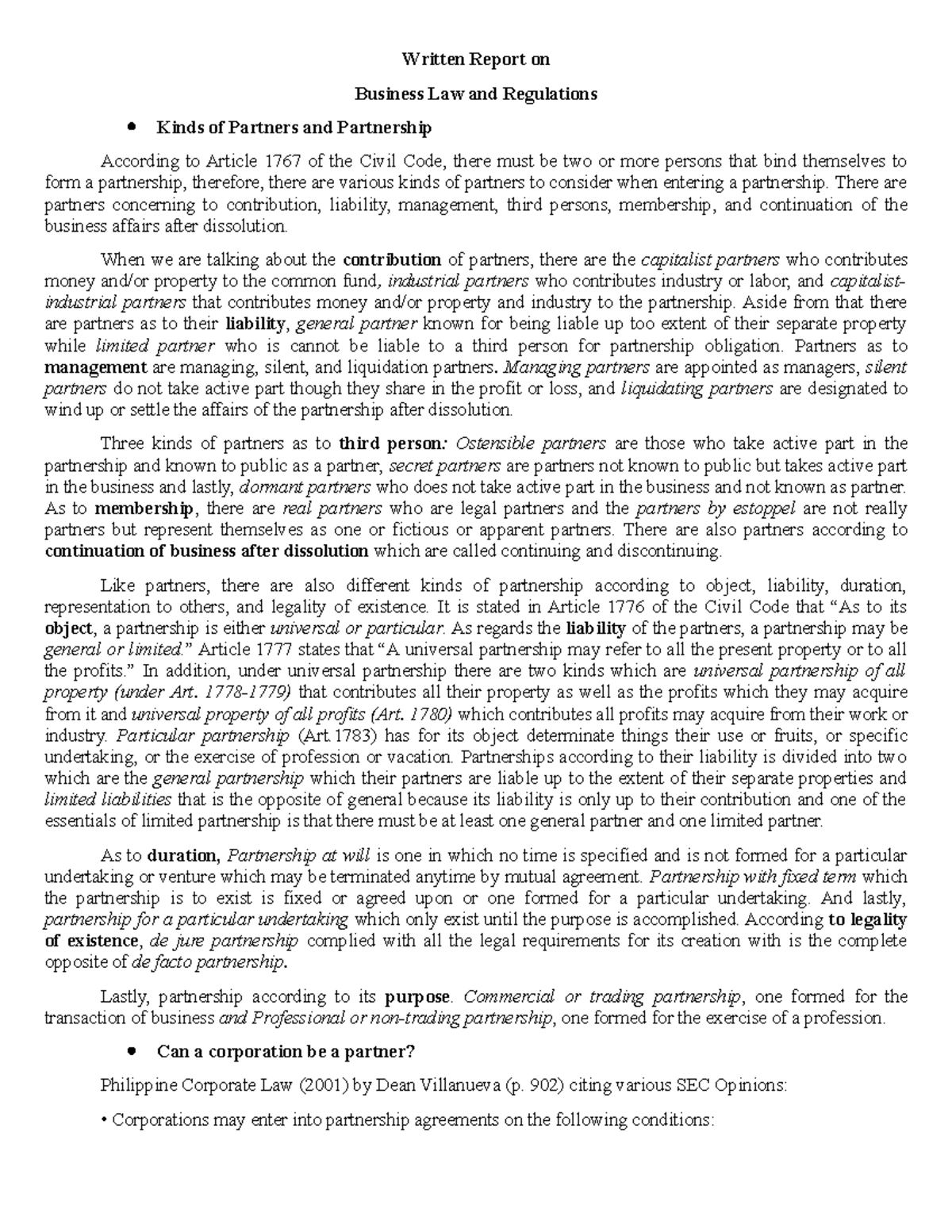 WR2 - notes on partnership - Written Report on Business Law and ...