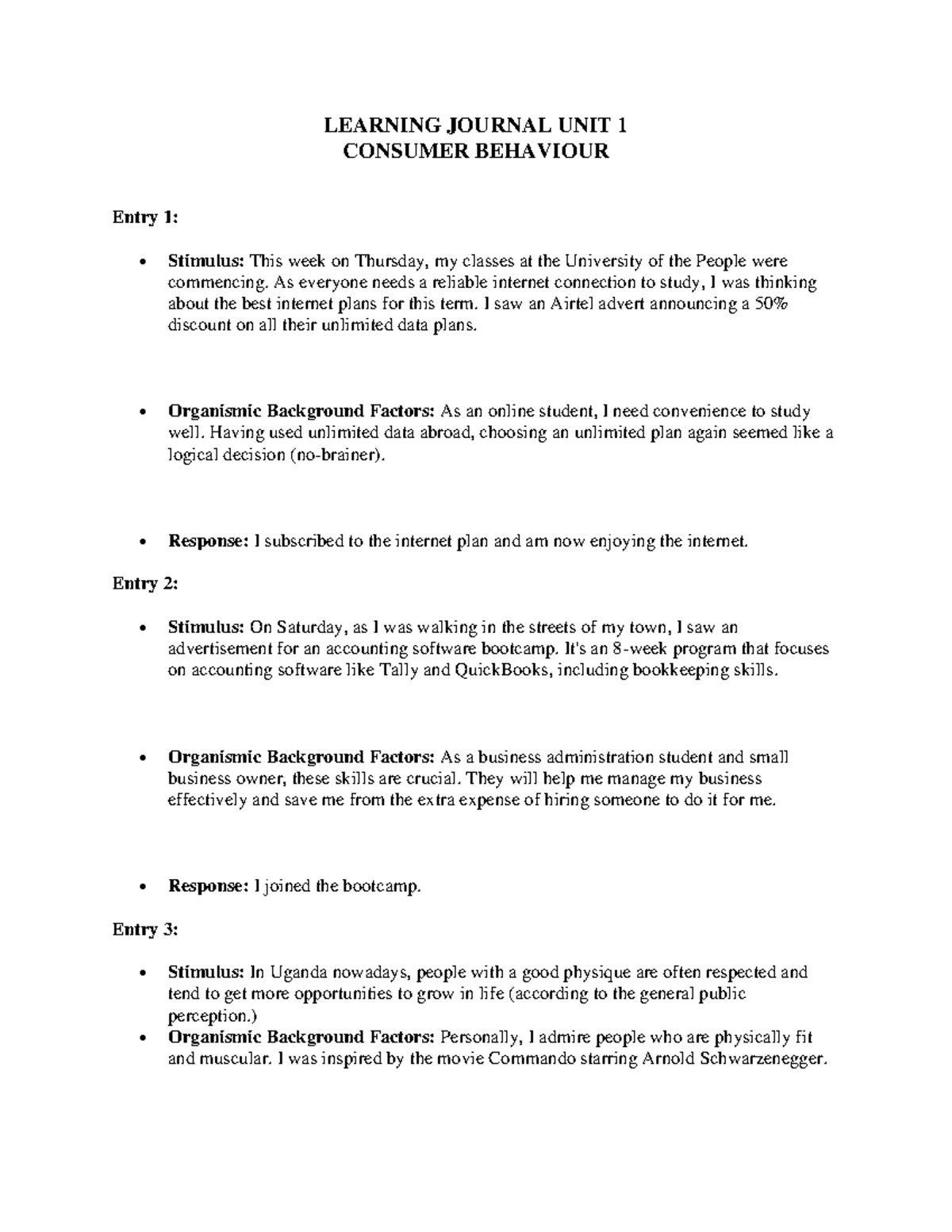 Learning Journal UNIT 1 - LEARNING JOURNAL UNIT 1 CONSUMER BEHAVIOUR ...