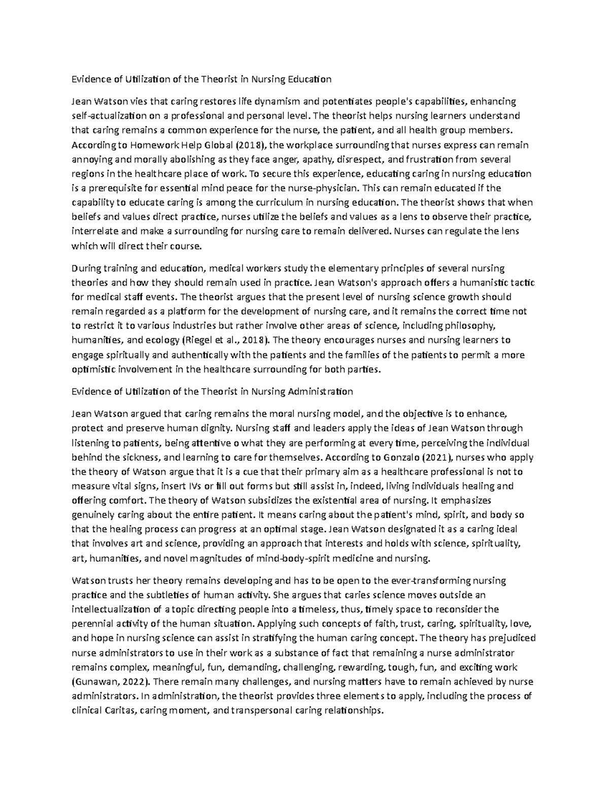 Evidence of Utilization of the Theory in Nursing Education (Jean Watson ...