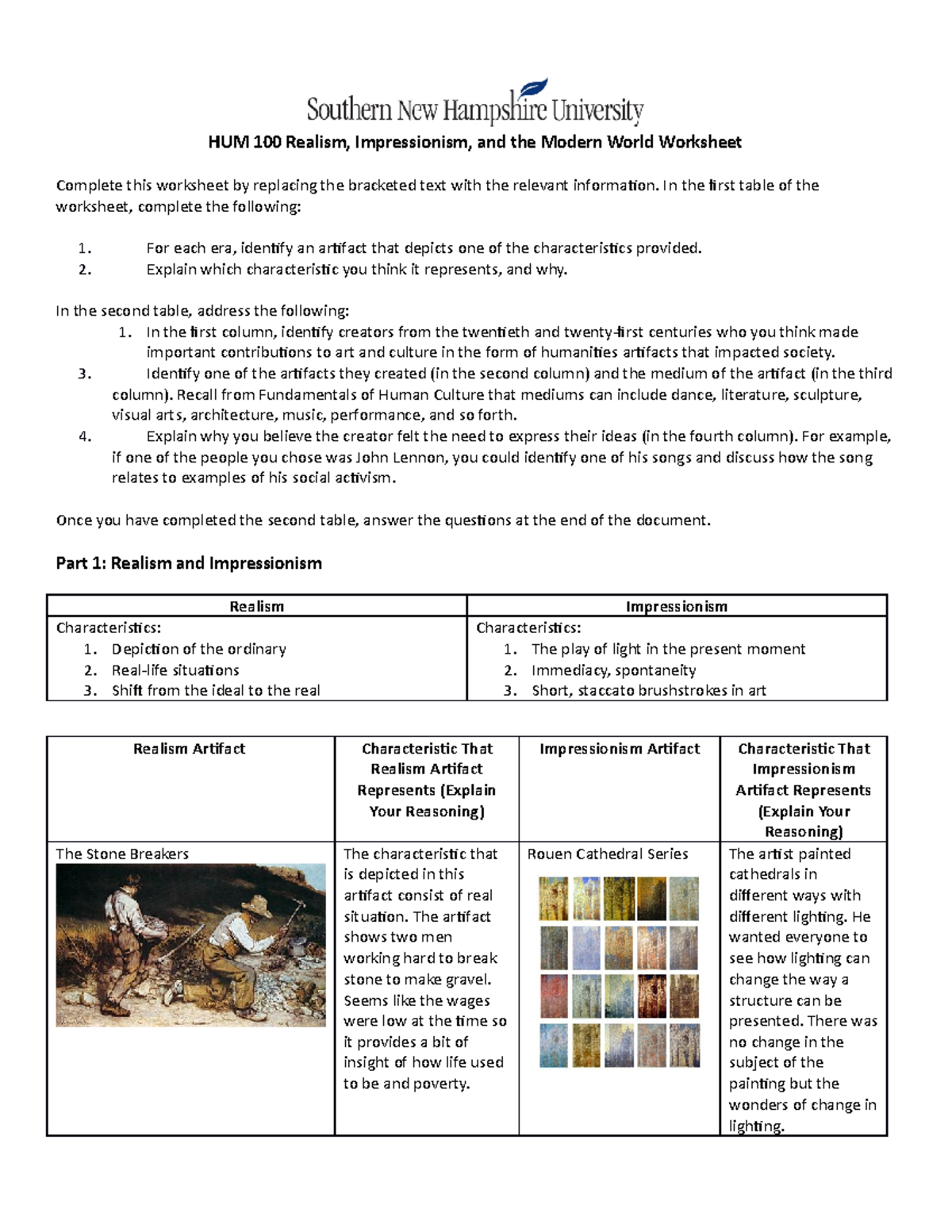 HUM 100 Realism Impressionism and the Modern World Worksheet - HUM 100 ...