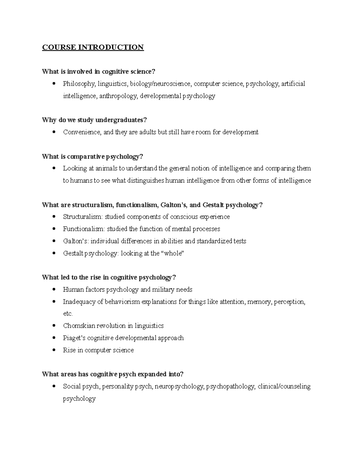 Cognition Foundations Study Guide - COURSE INTRODUCTION What is ...