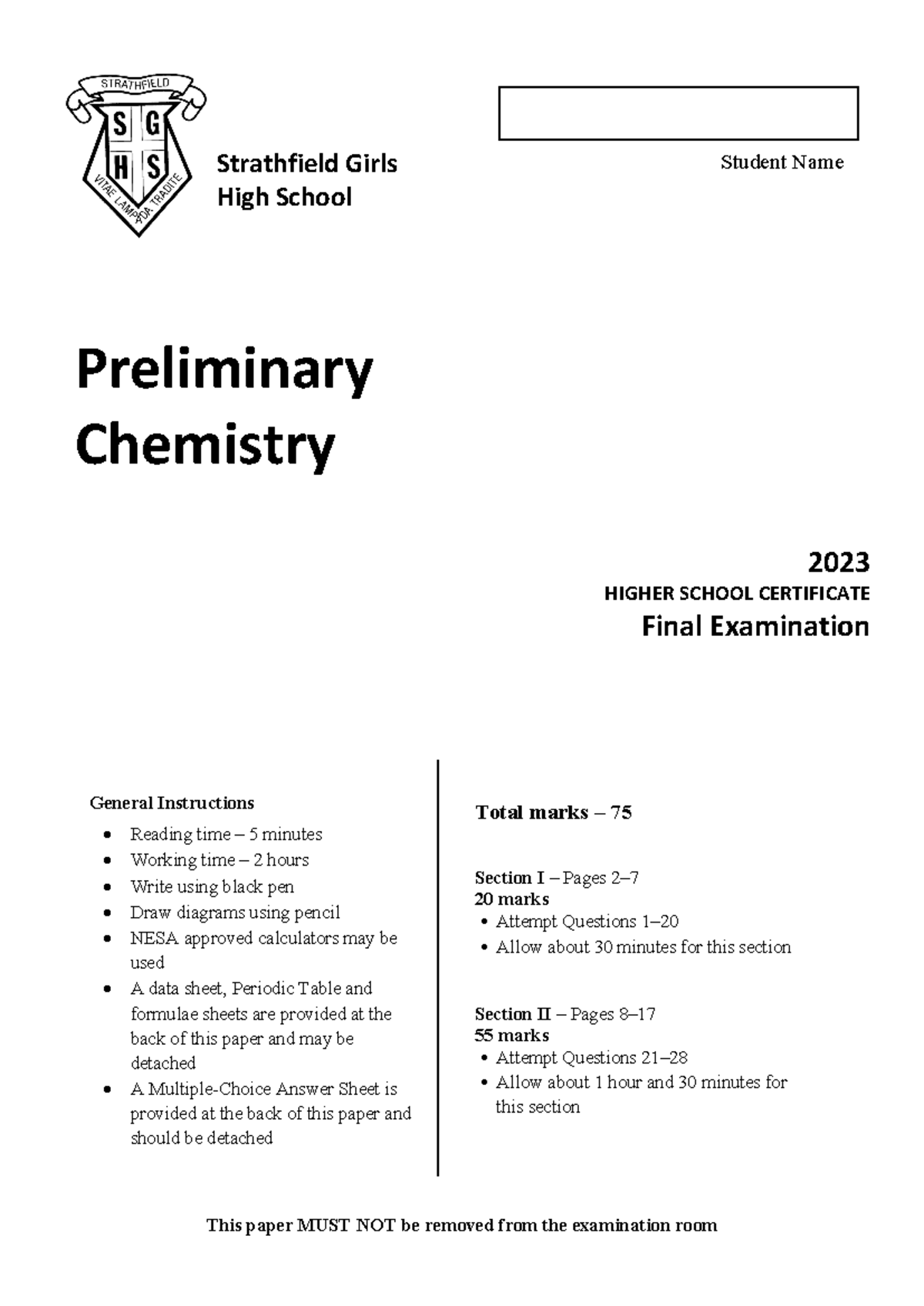 Preliminary Chemistry Final Exam 2023 - Preliminary Chemistry 2023 ...