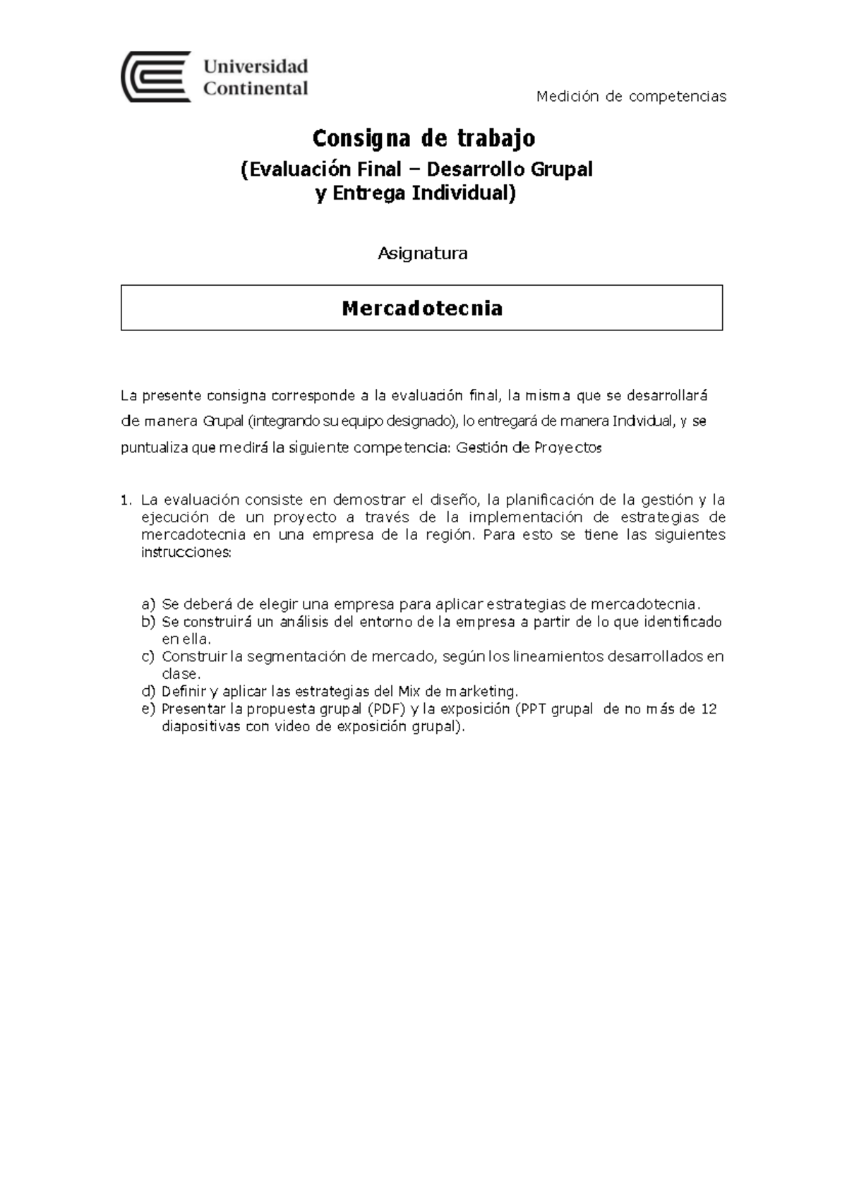 Consigna EF Mercadotecnia - Medición de competencias Consigna de trabajo (Evaluación Final ...