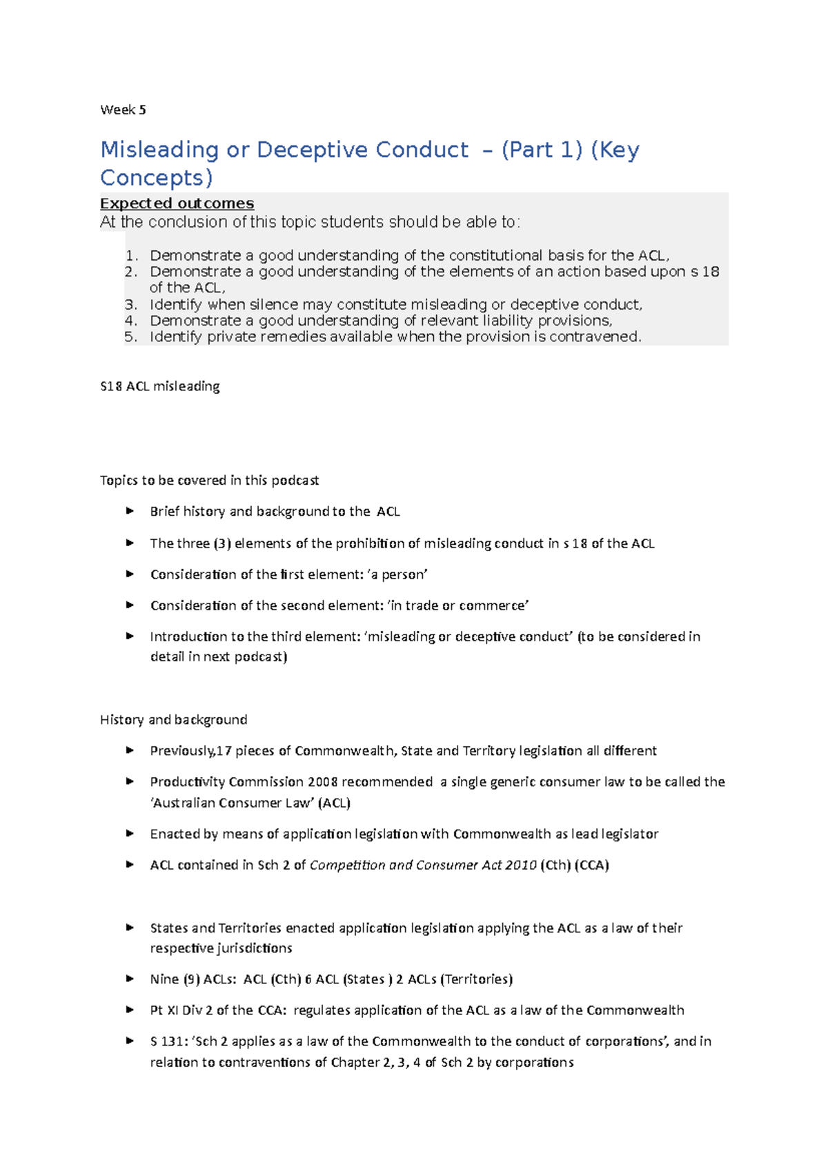Misleading and Deceptive Conduct (wk5-7 lectures) - Week 5 Misleading ...