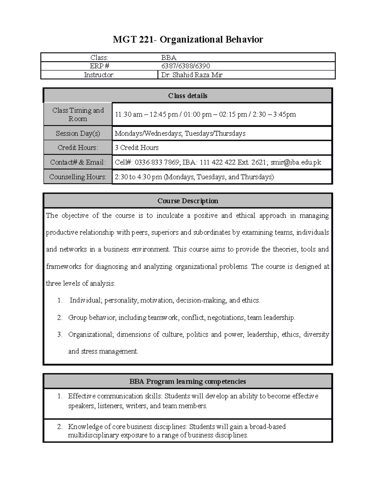 OB outline for fall 2022 - MGT 221- Organizational Behavior Class: BBA ...