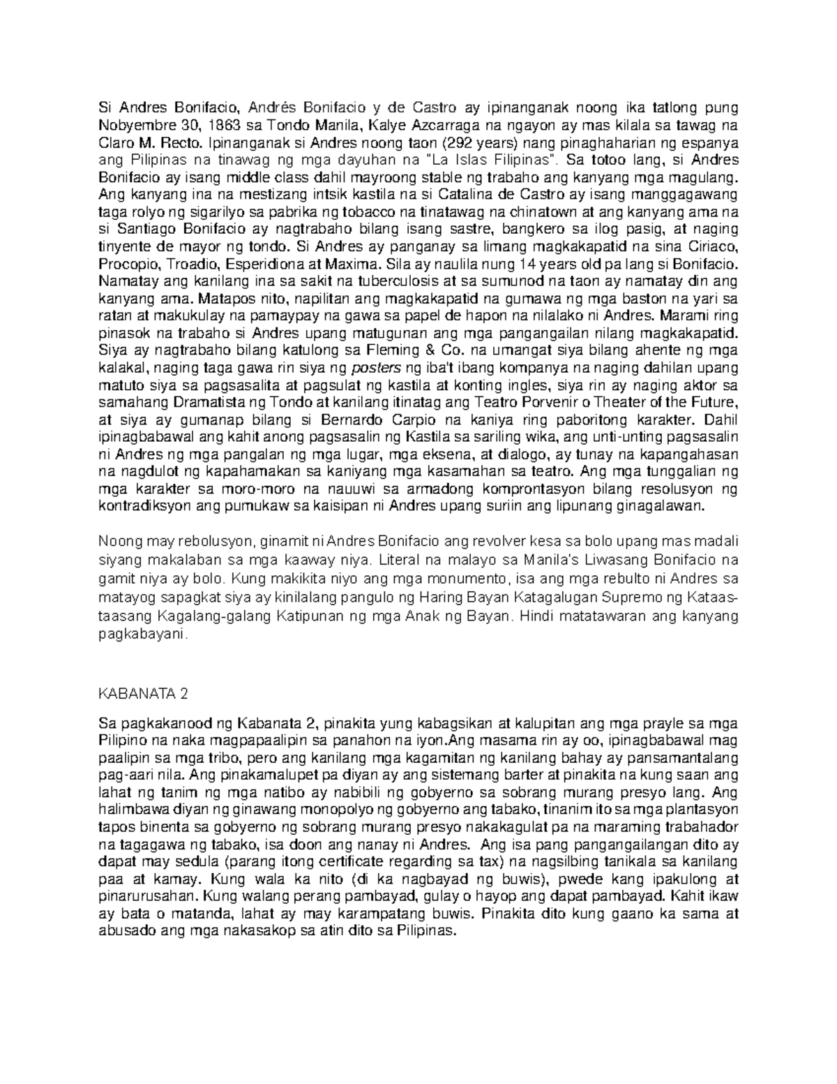 Si Andres Bonifacio - assignment - Si Andres Bonifacio, Andrés Bonifacio y de Castro ay ...