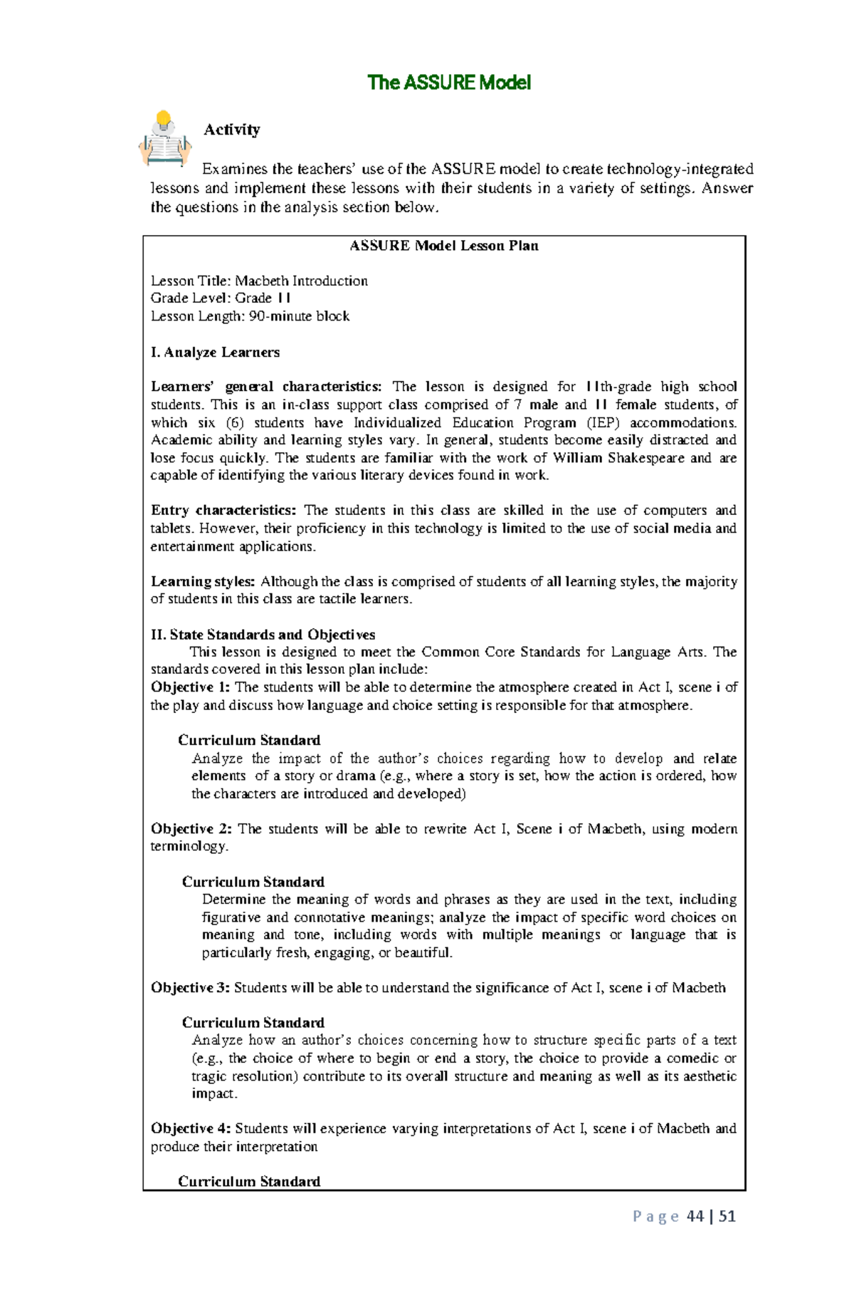 The Assure Model Activity Examines The Teachers Use Of The ASSURE