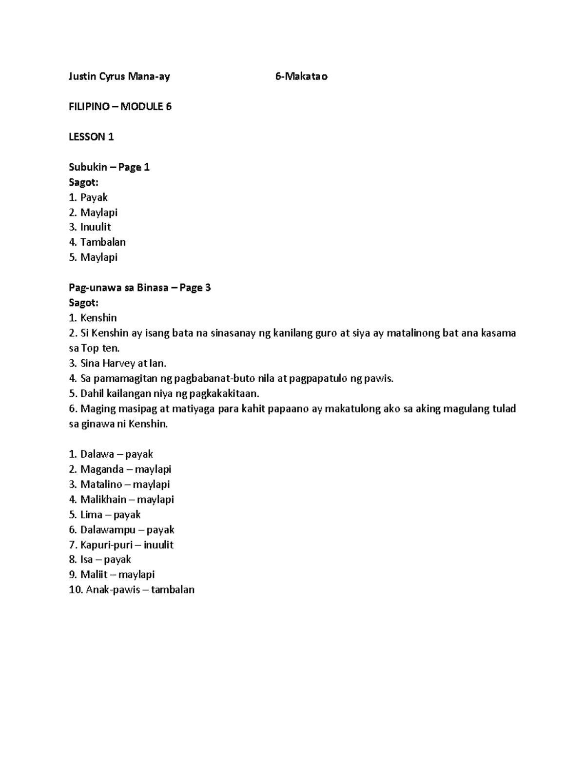 Filipino - Module 6 - SBFVD - Justin Cyrus Mana-ay 6-Makatao FILIPINO ...