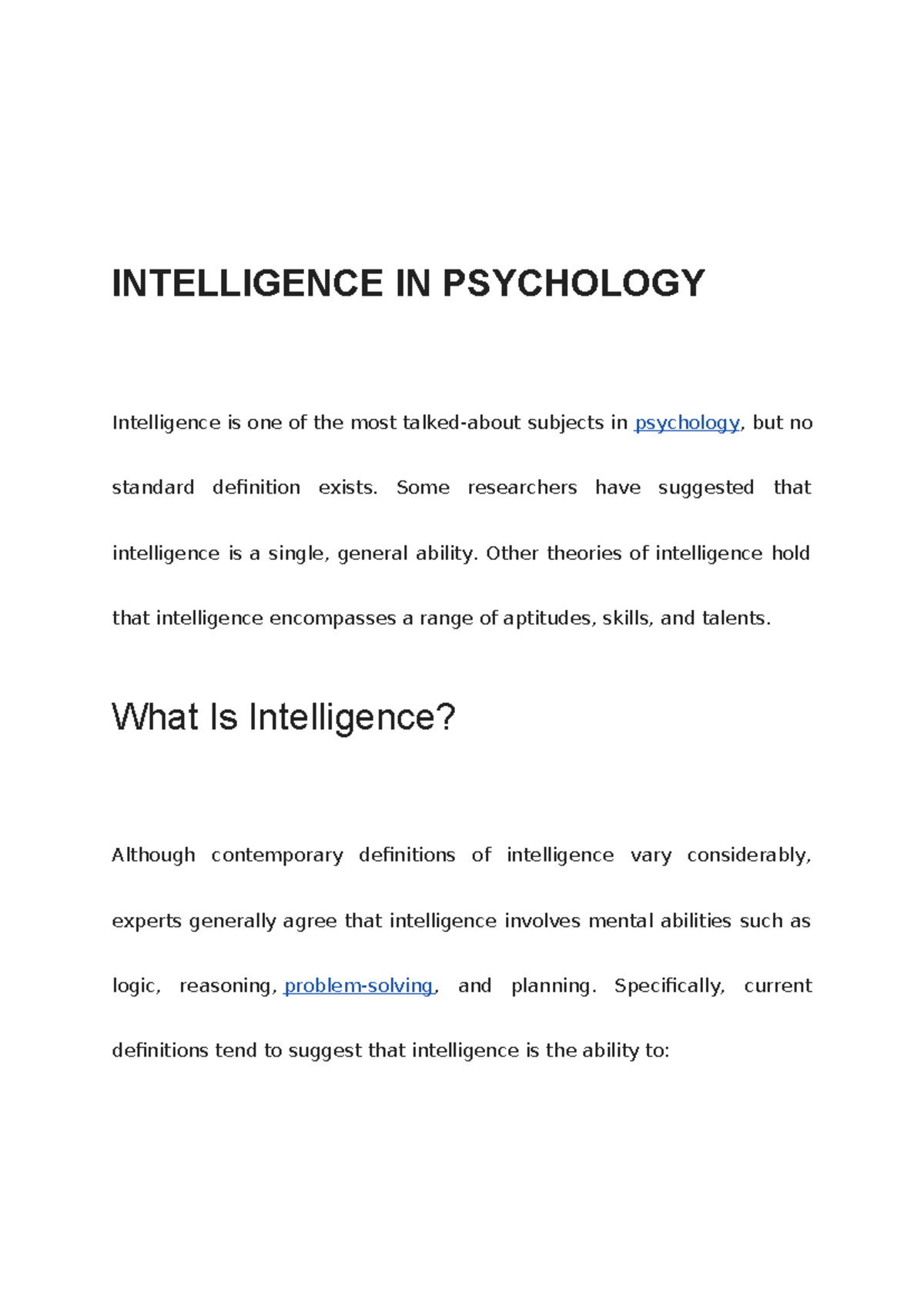 Intelligence IN Psychology - INTELLIGENCE IN PSYCHOLOGY Intelligence is ...