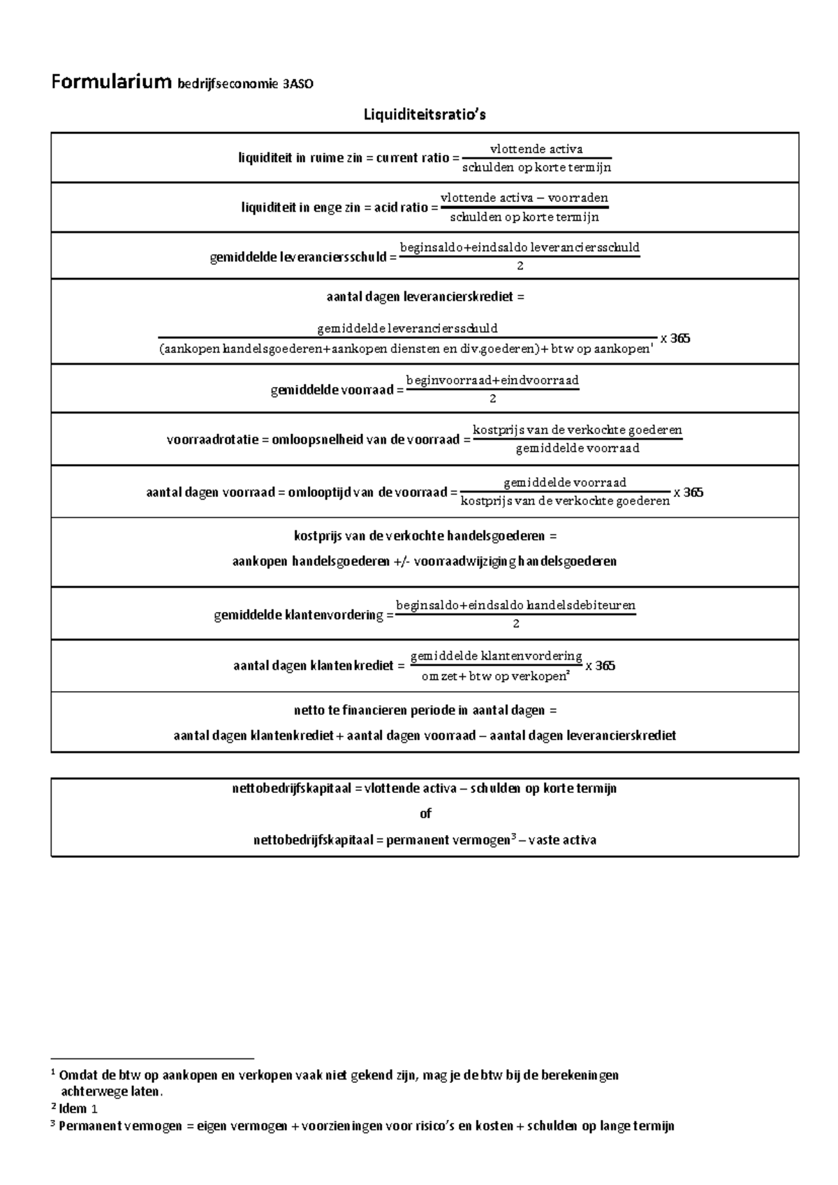 Formularium 3ASO - Formularium bedrijfseconomie 3ASO Liquiditeitsratio ...