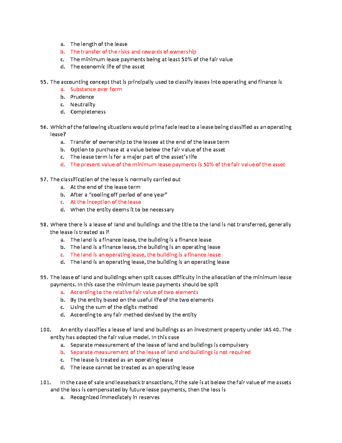 FAR theory quizzer part 4 - a. The length of the lease b. The transfer ...