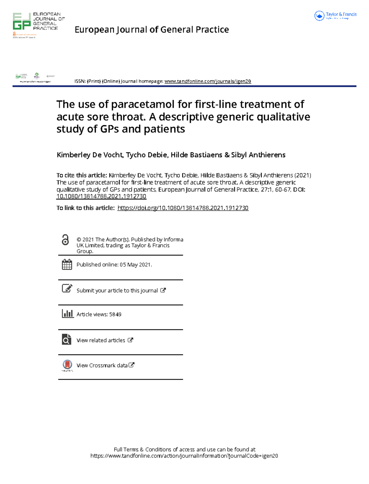 The use of paracetamol for first-line treatment of acute sore throat De ...