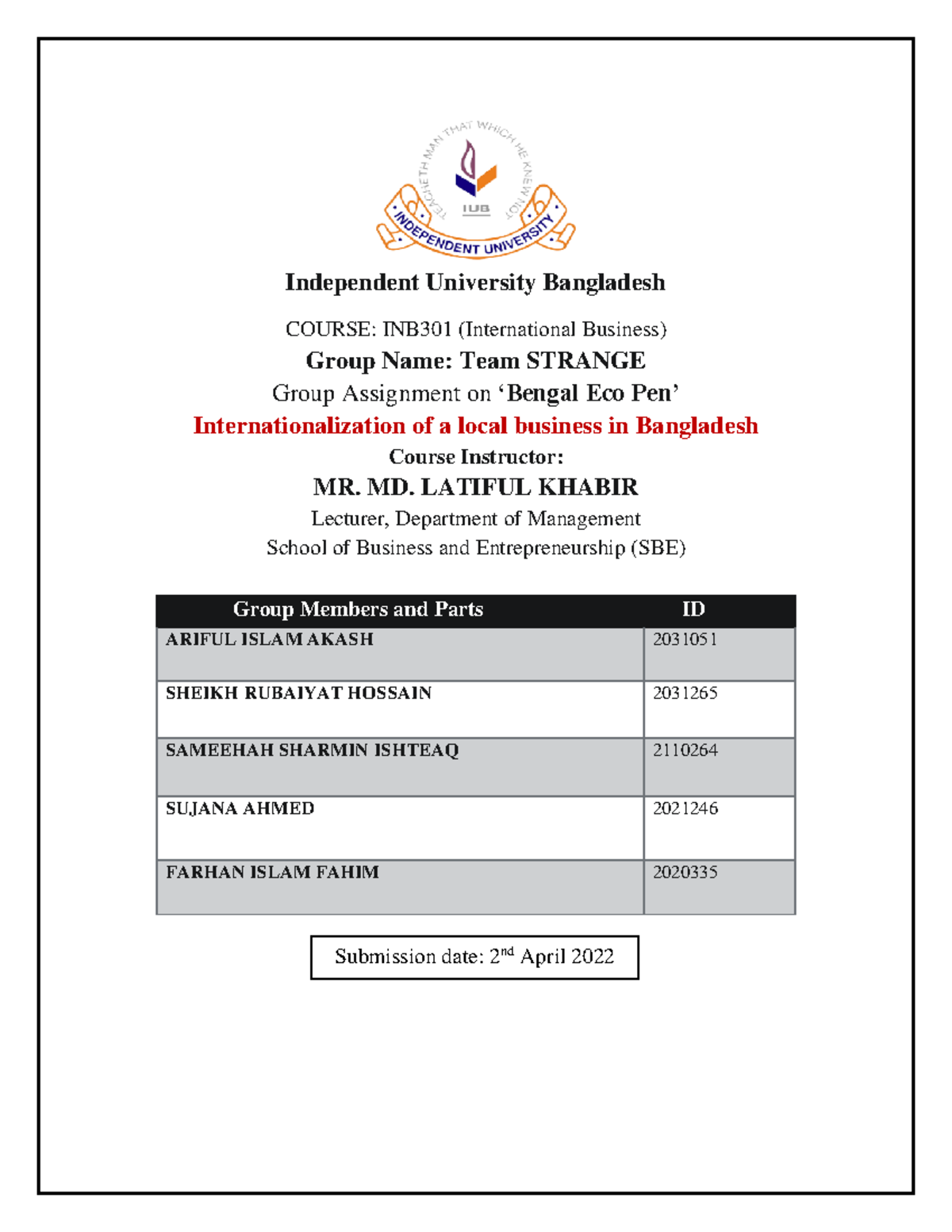 Team Strange INB301 Sec-02 Spring 22 pdf 2 - 1 COURSE: INB301 ...