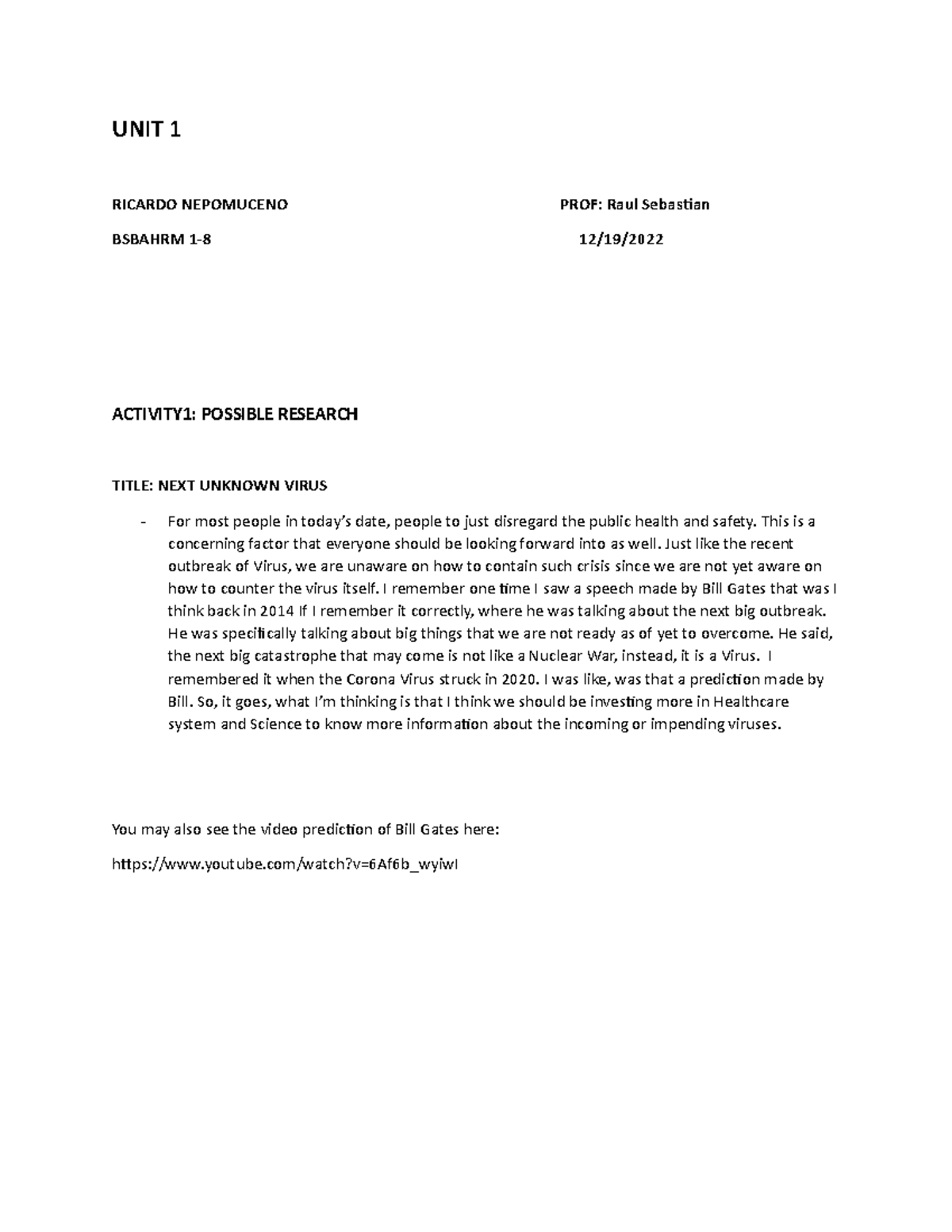 UNIT 1 - ASSIGNMENT FOR BUMA - UNIT 1 RICARDO NEPOMUCENO PROF: Raul ...