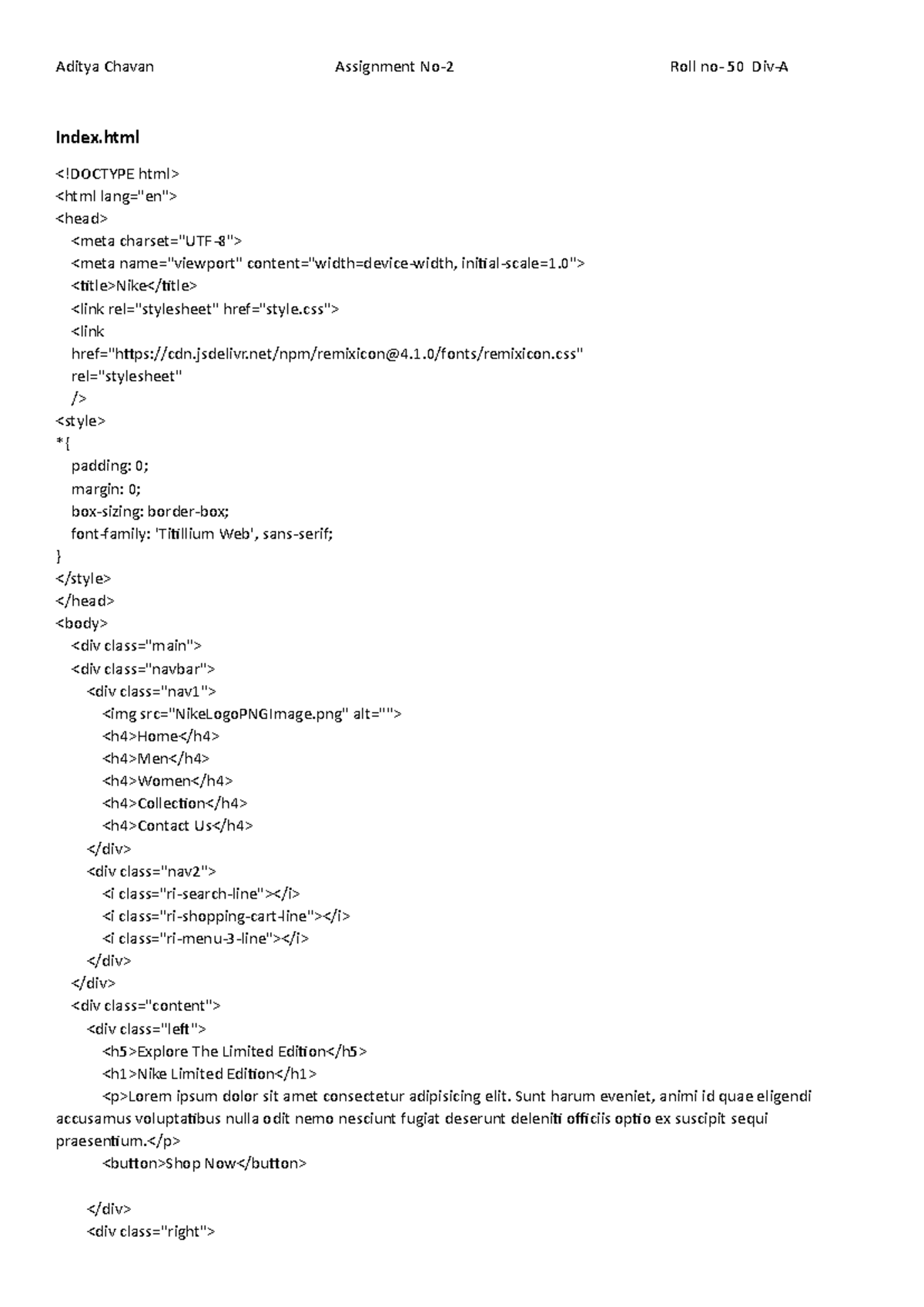 WT2 - WT CODES - Aditya Chavan Assignment No- 2 Roll no- 50 Div-A Index - Studocu