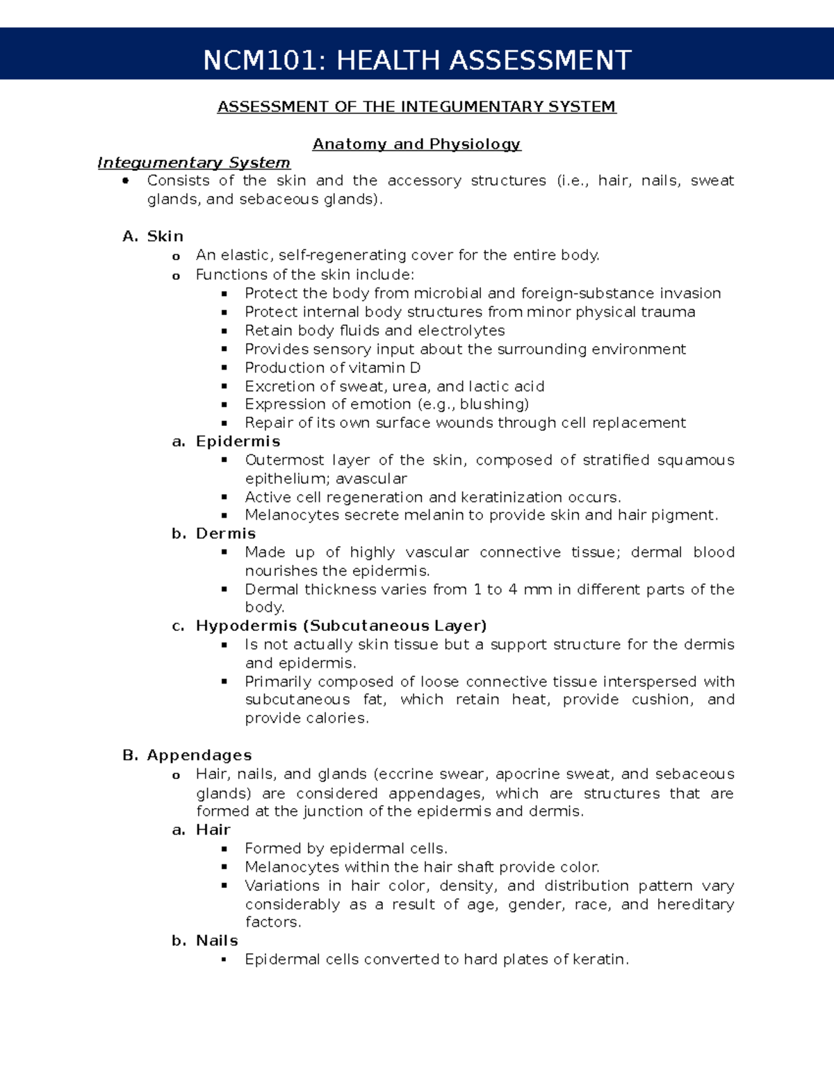 Assessment of the Integumentary System - ASSESSMENT OF THE ...