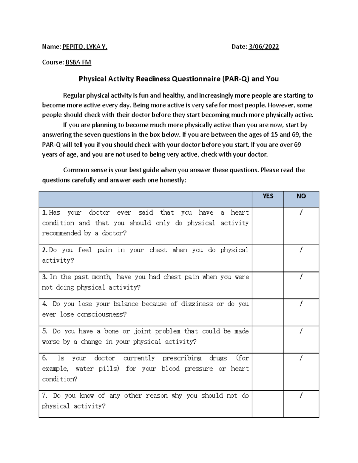 Assignment 1 - PARQ - for school purposes only - Name: PEPITO, LYKA Y ...