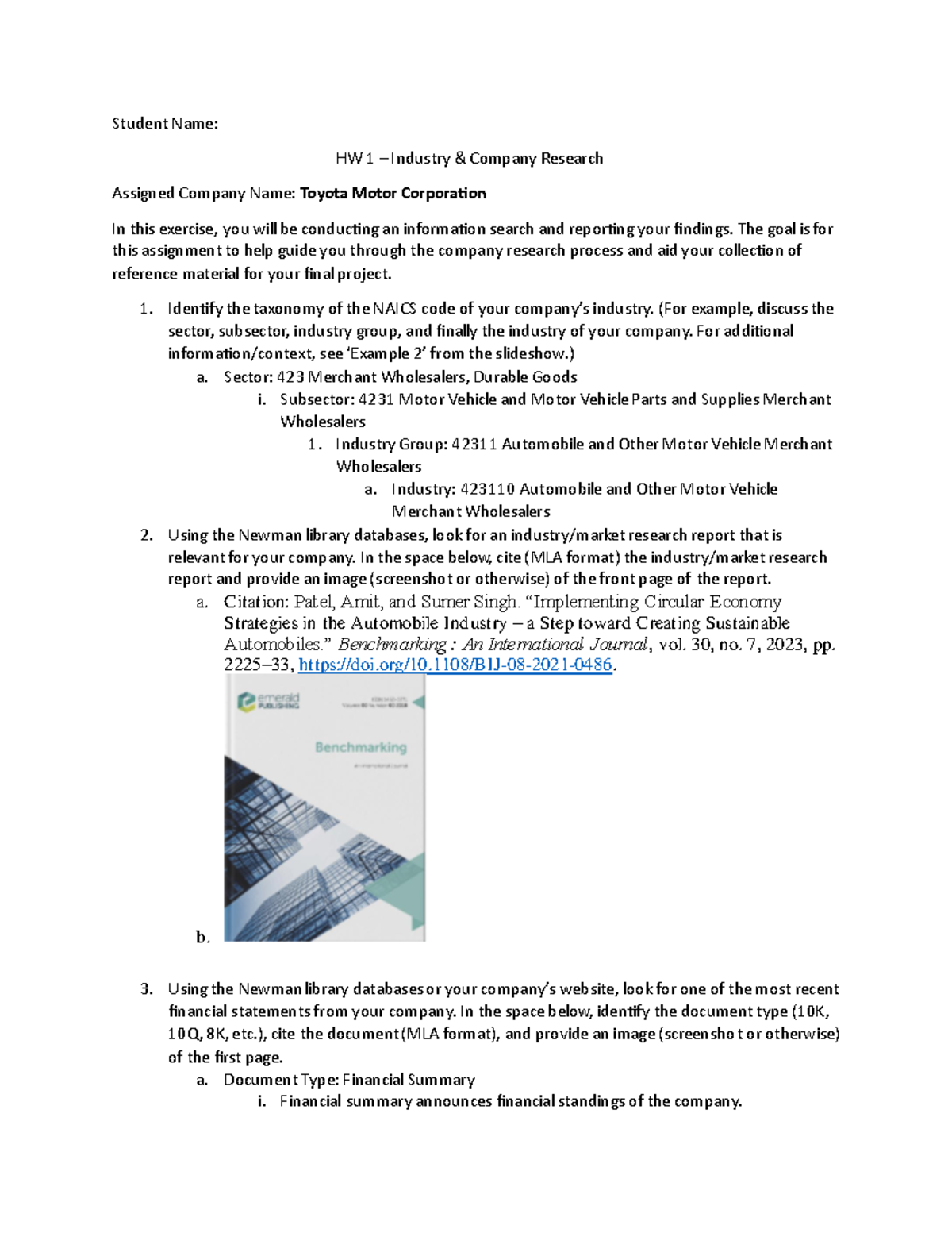 BUS 2000 Homework 1 - Student Name: HW 1 – Industry & Company Research ...