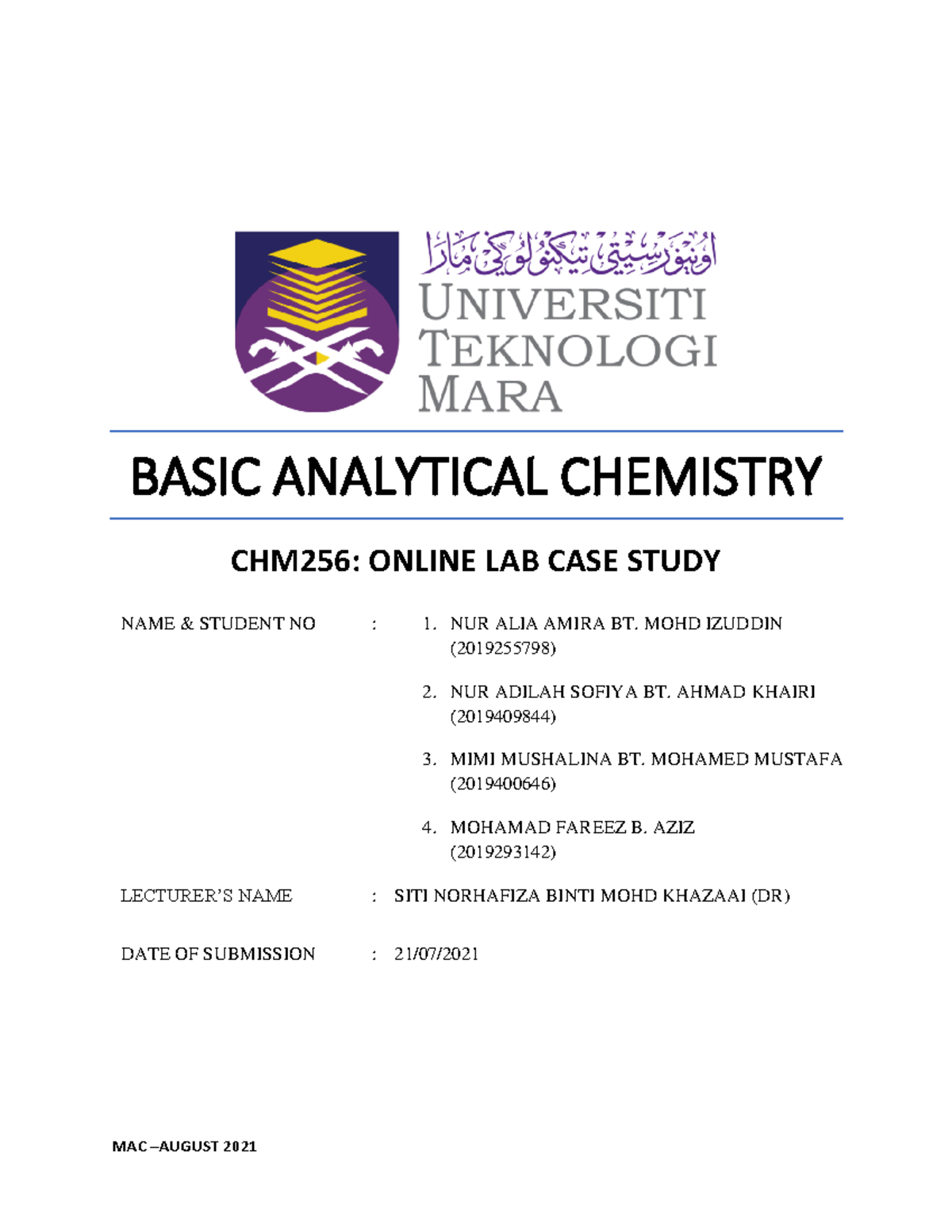 LAB CASE Study CHM361 - MAC –AUGUST 2021 BASIC ANALYTICAL CHEMISTRY ...