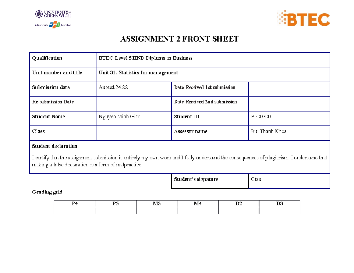 570.Assignment 2 - ASM2 - ASSIGNMENT 2 FRONT SHEET Qualification BTEC Level 5 HND Diploma in ...