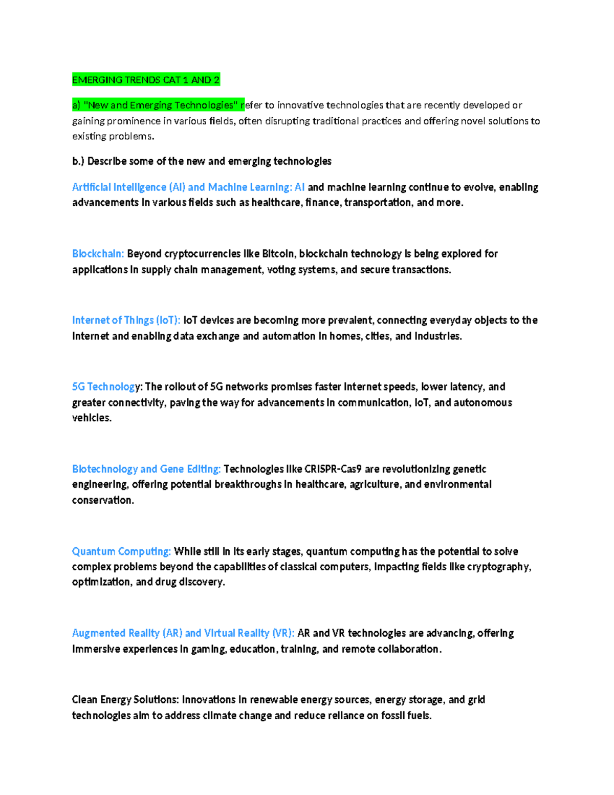 Emerging Trends-CAT - Notes - EMERGING TRENDS CAT 1 AND 2 a) "New and ...