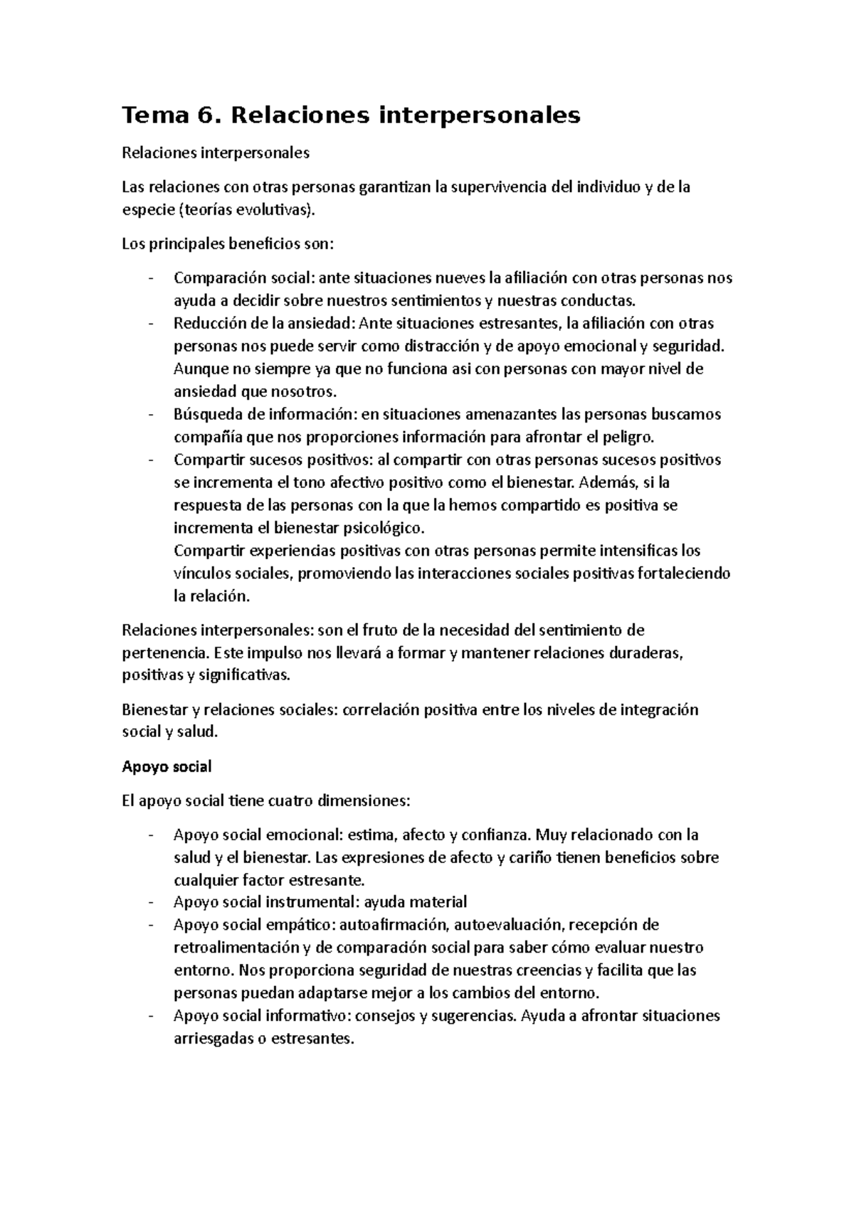 Tema 6 - Resumen tema 6 - Tema 6. Relaciones interpersonales Relaciones ...