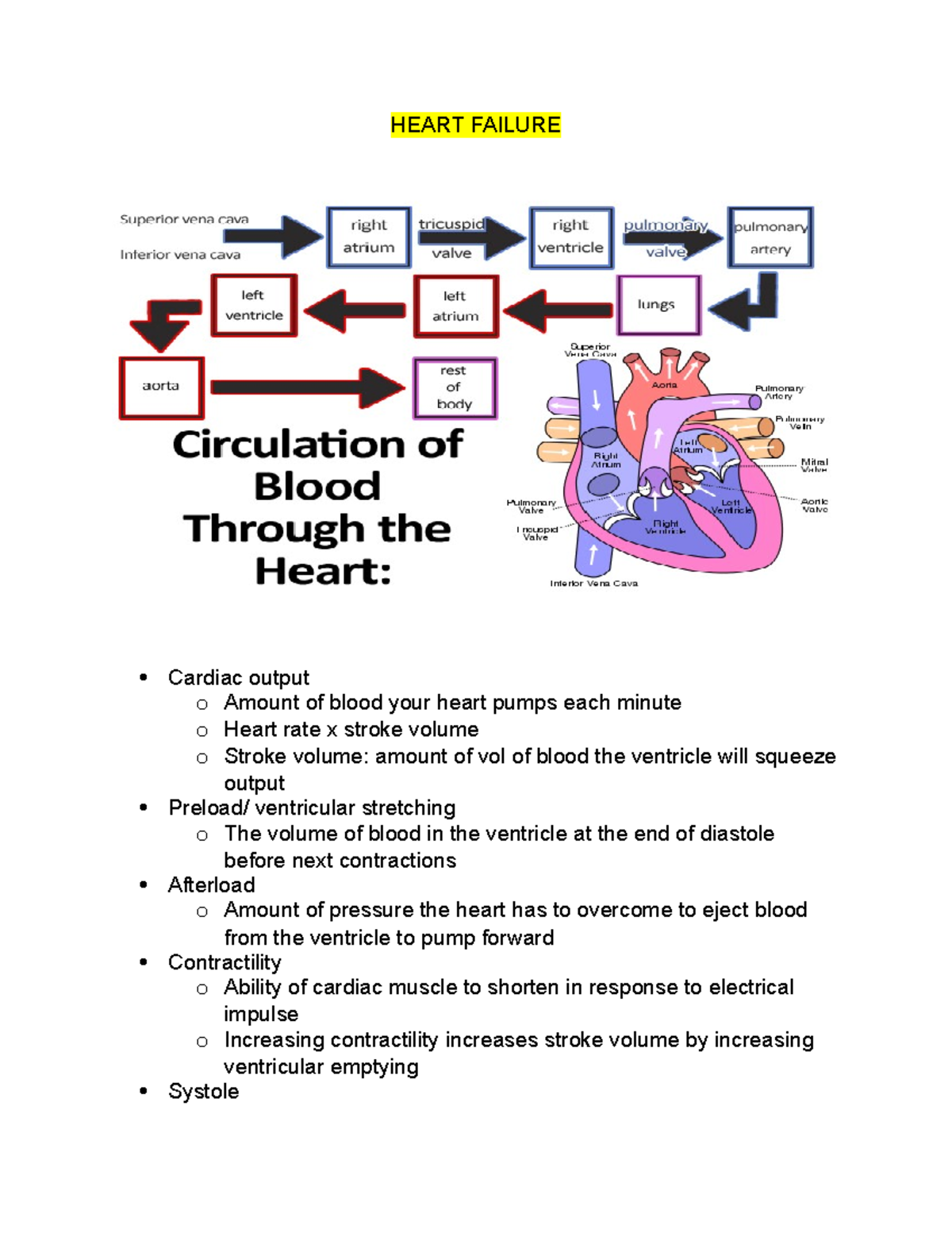 Heart Failure Study Guide - HEART FAILURE Cardiac output o Amount of ...