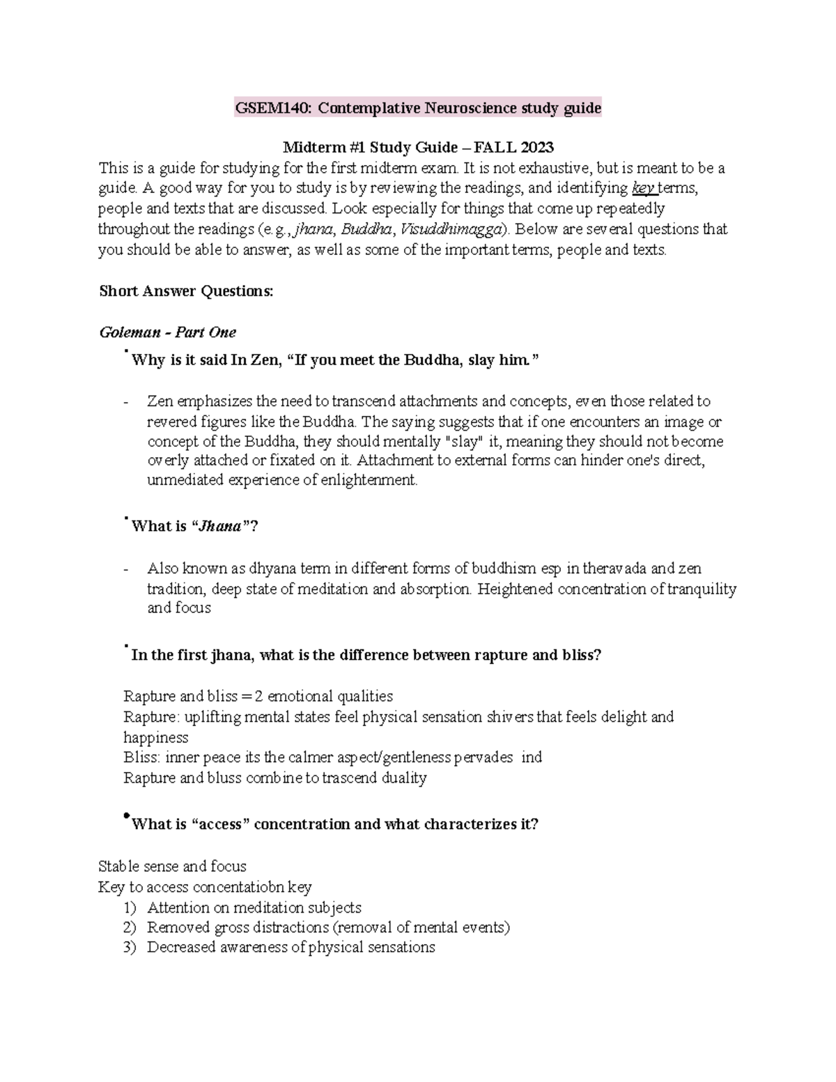 Gsem140 contemplatie neuroscience midterm 1 study guide - GSEM140: Contemplative Neuroscience ...