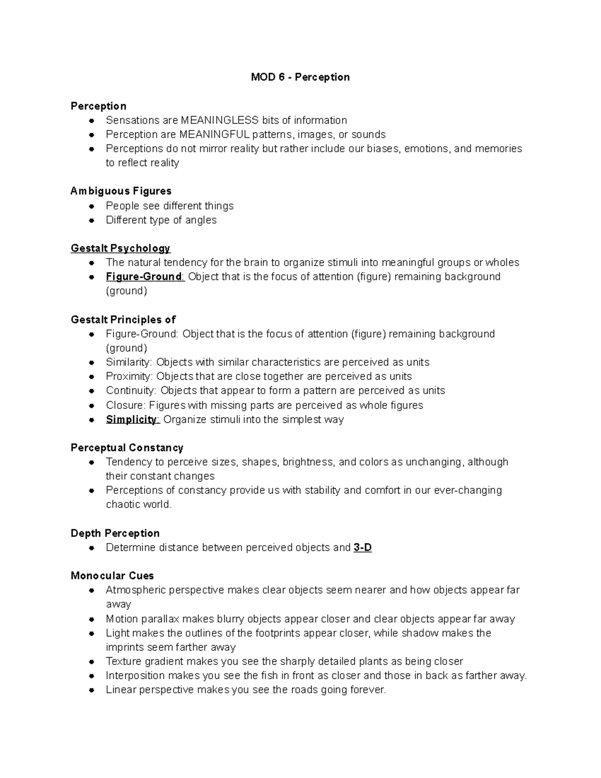 Module 6 - Perception - MOD 6 - Perception Perception Sensations are ...