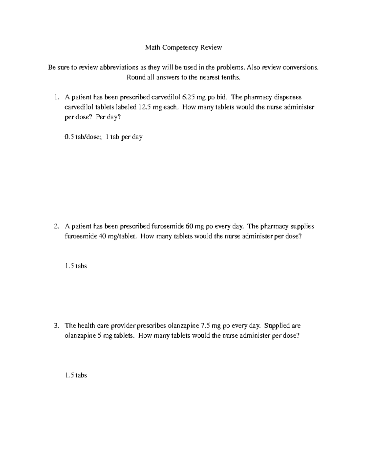 Math Pharmacology Competency Review Answer Key Math Competency Review 