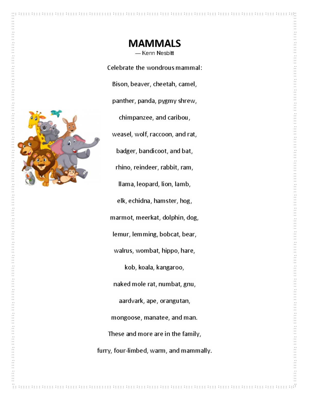 Poems for Grade 5 - MAMMALS ####### — Kenn Nesbitt Celebrate the ...