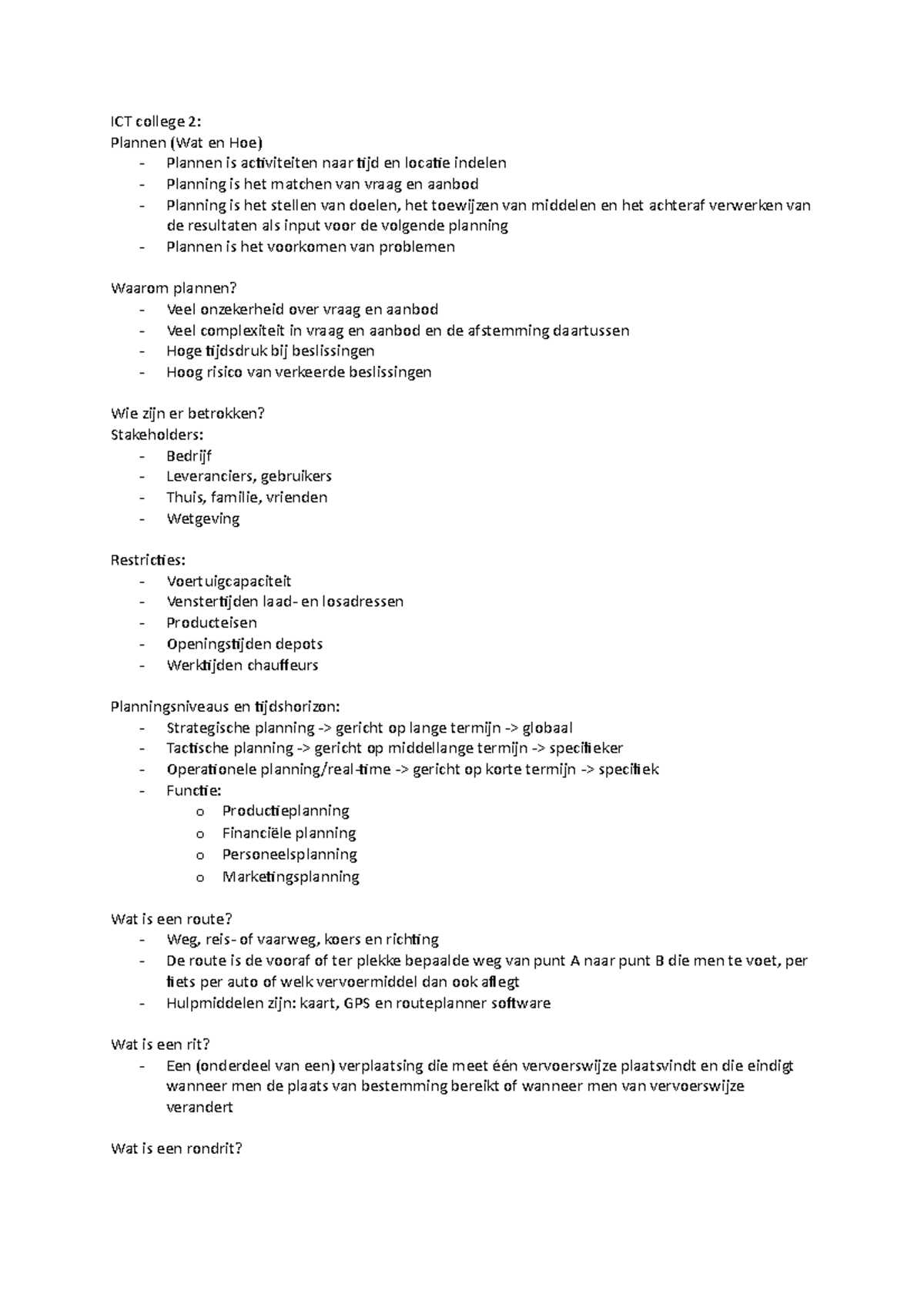 ICT aantekeningen les - ICT college 2: Plannen (Wat en Hoe) - Plannen ...