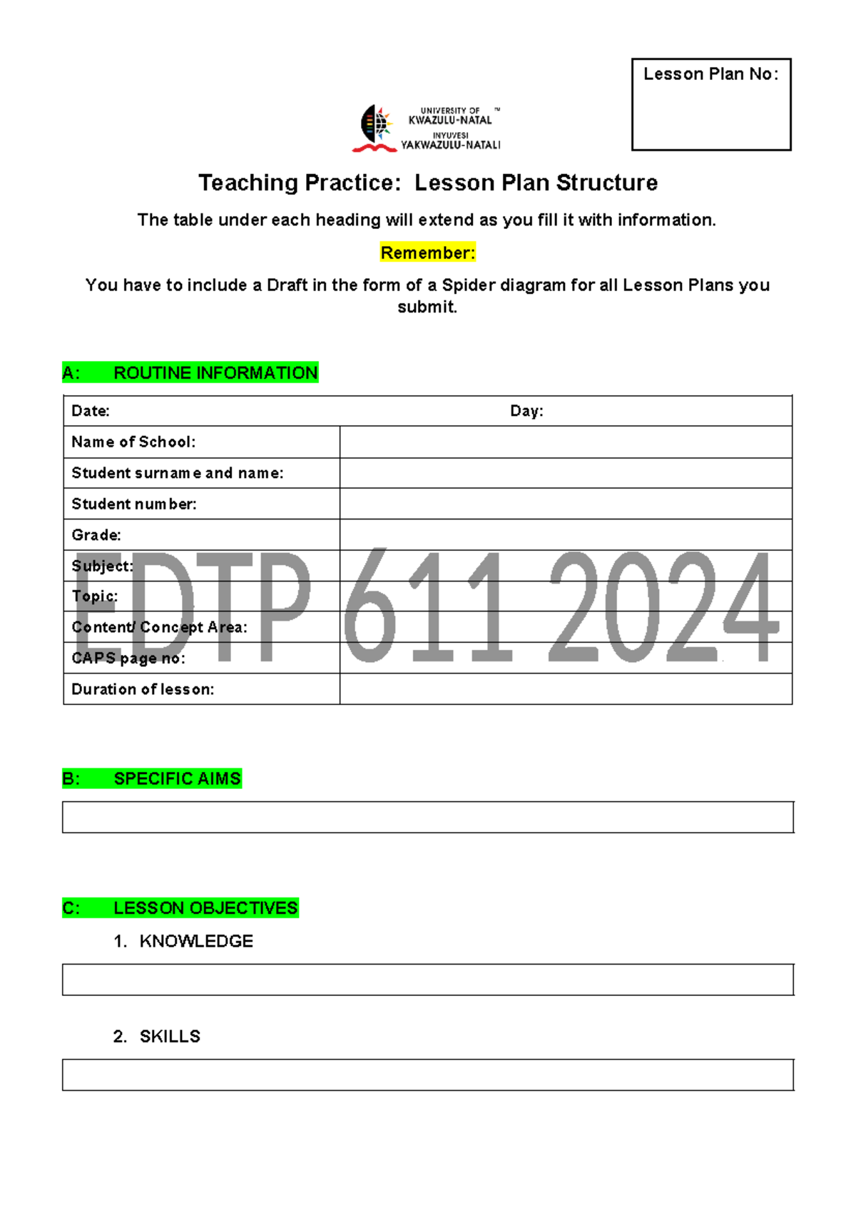 Lesson PLAN Template English School Experience - Teaching Practice ...
