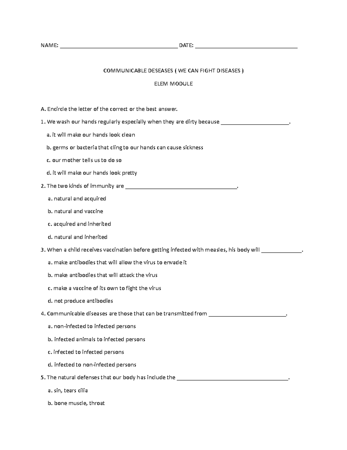 Communicable Deseases ELEM Module - NAME ...