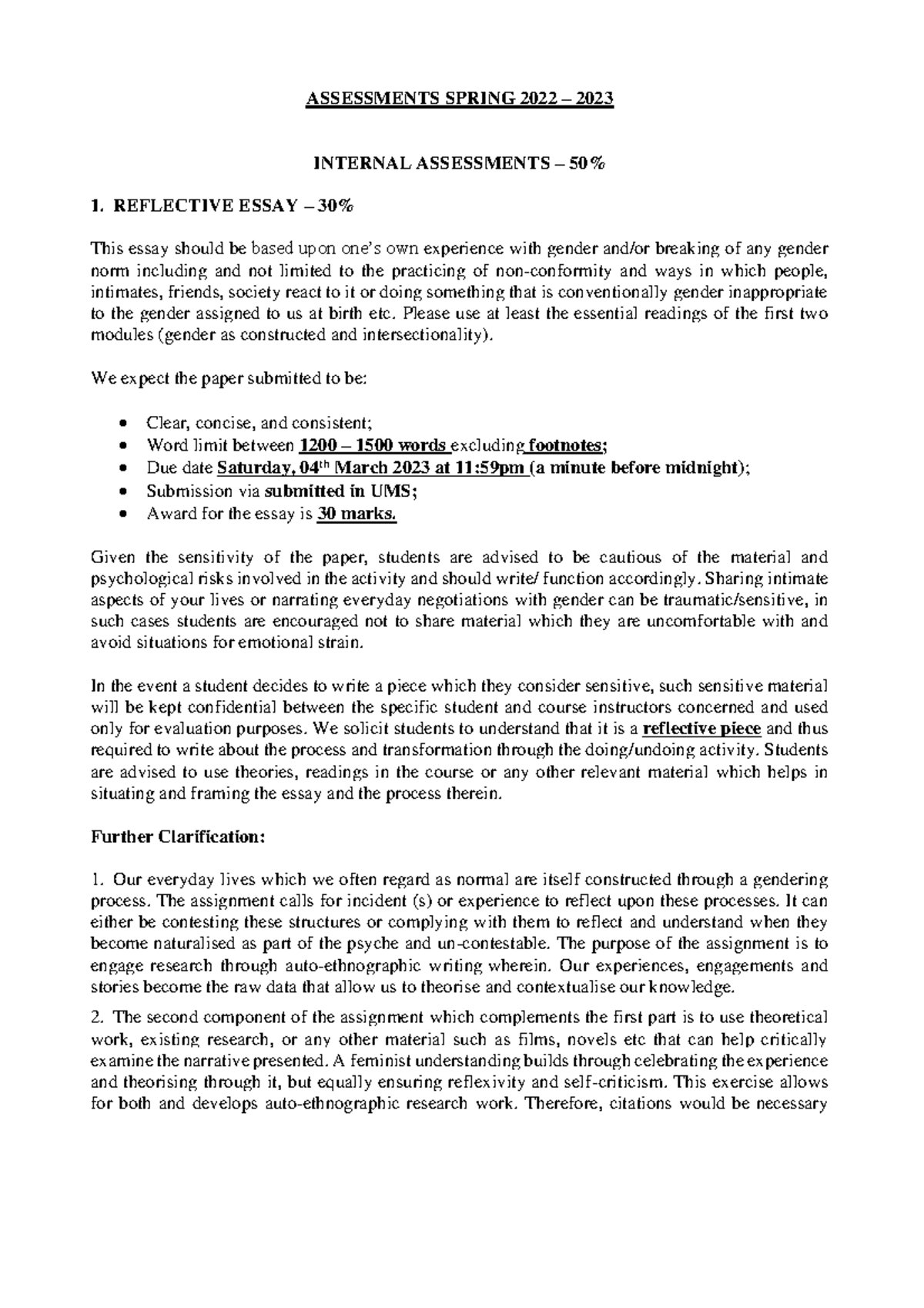 Internal Assessment 2022-2023 - ASSESSMENTS SPRING 2022 – 2023 INTERNAL ...