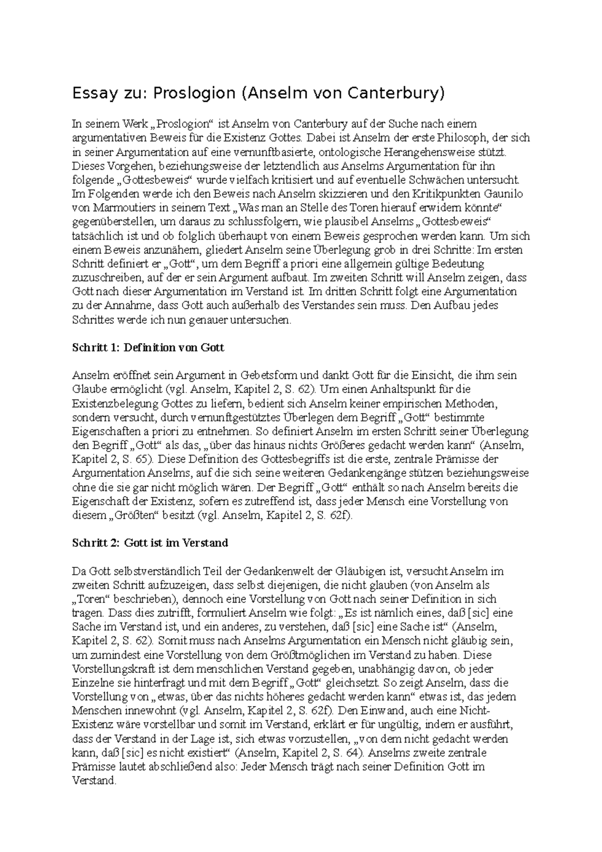 Essay zu Proslogion (Gottesbeweis) - Essay zu: Proslogion (Anselm von ...