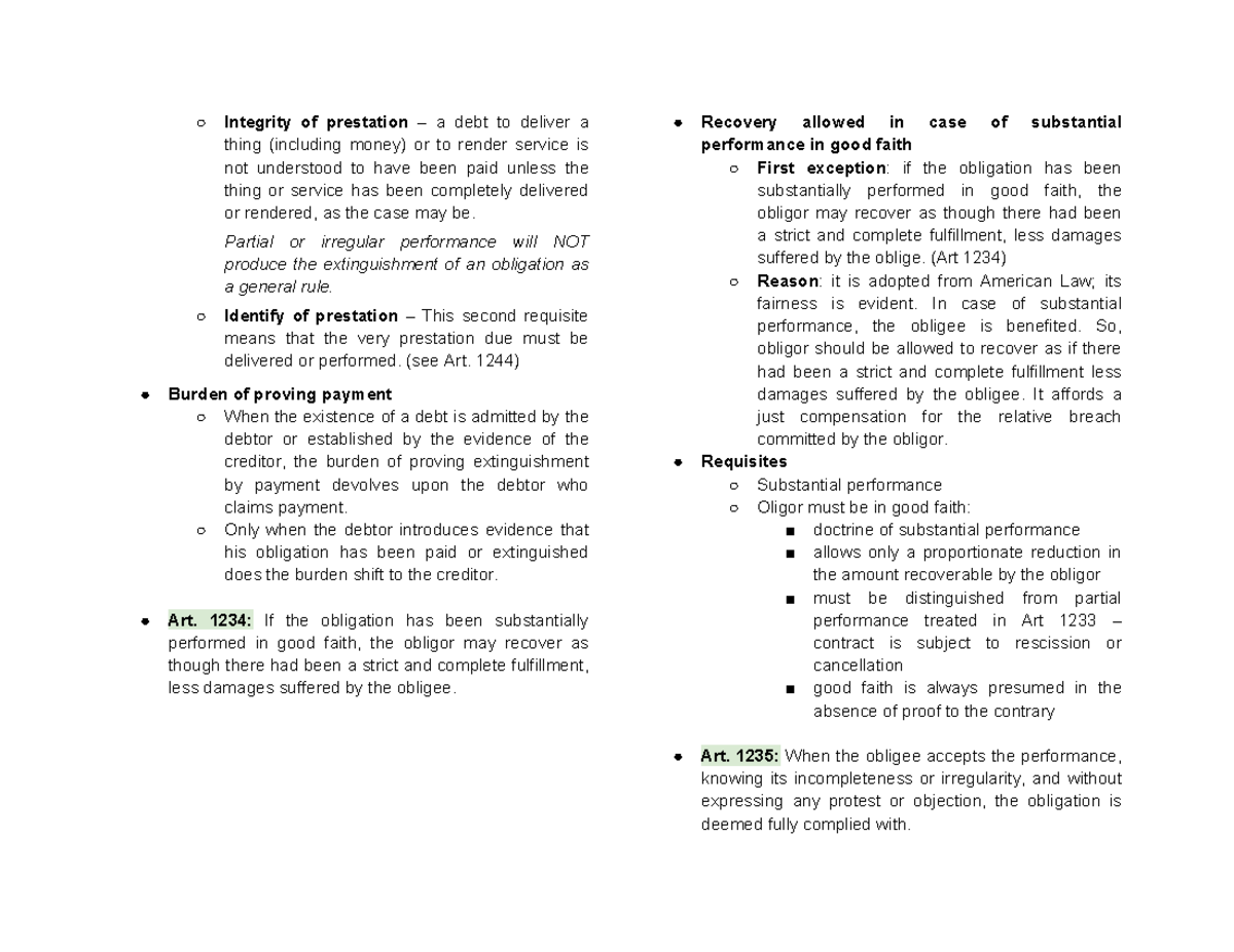 LAW ON Obligations-7-12 - Integrity of prestation – a debt to deliver a ...