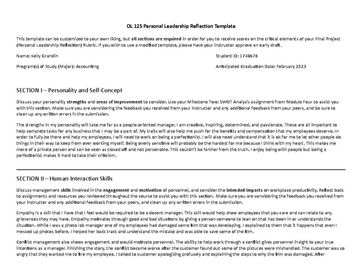 Ol125 personal leadership reflection - OL 125 Personal Leadership ...